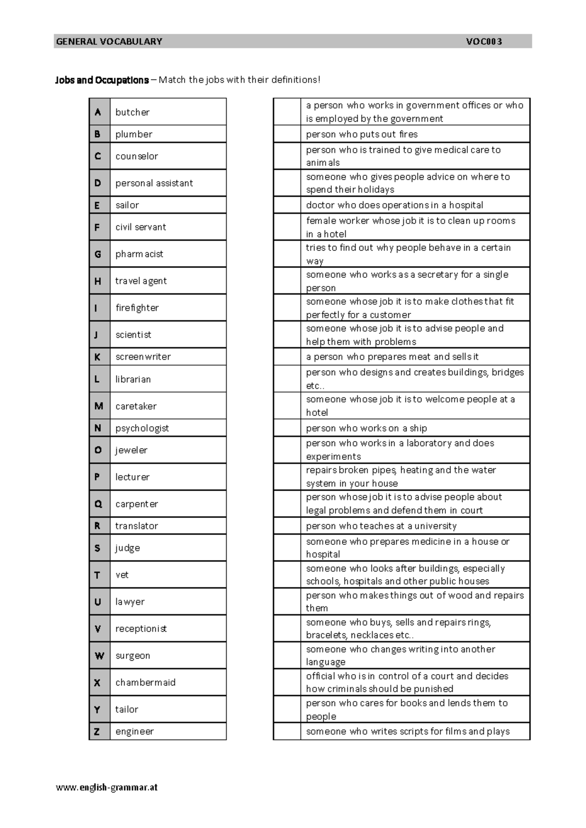 Voc003 - Jobs & Occupations Vocabulary Matching Exercise - Studocu