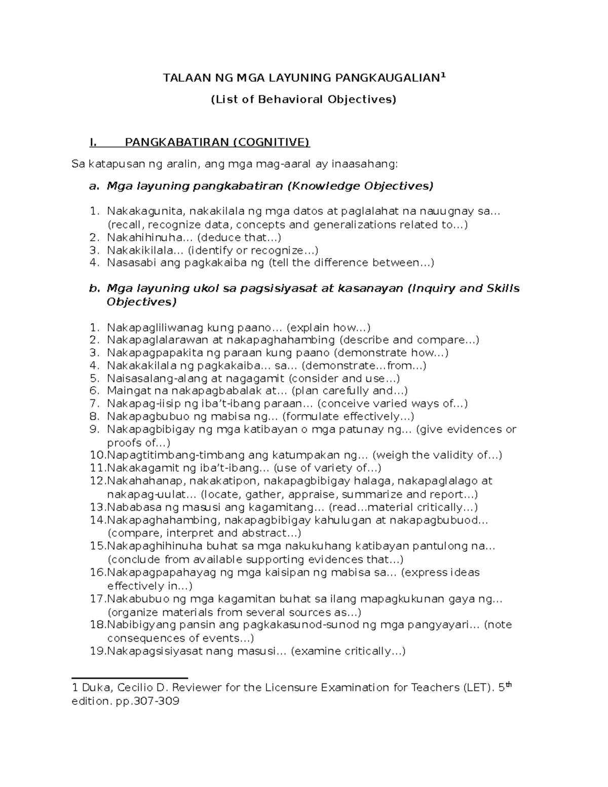 Mga Layuning Pampagkatuto sa Filipino: Behavioral Objectives - Studocu