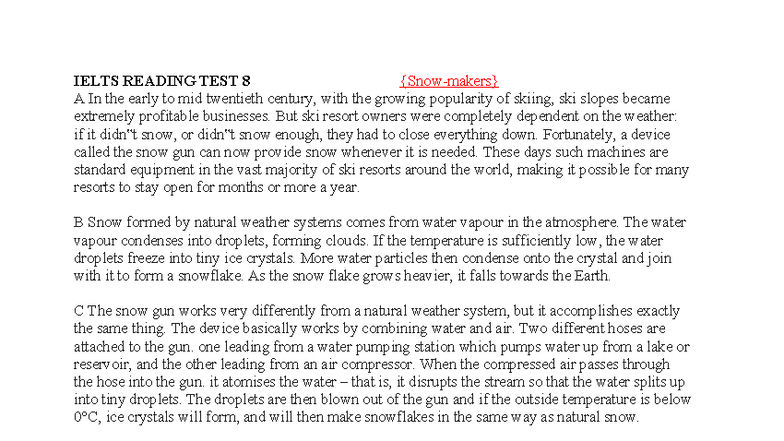 Etest 8 Ielts Reading TEST 8 - IELTS READING TEST 8 {Snow-makers} A In ...
