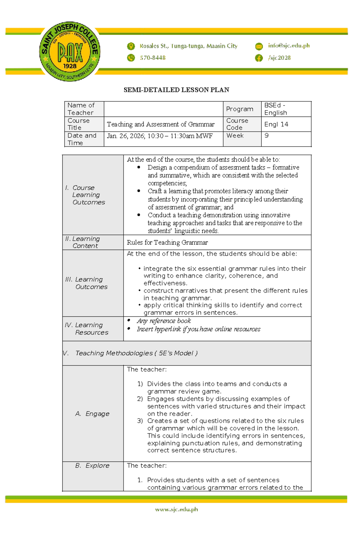 BSEd English Engl 14 Lesson Plan: Teaching Grammar Effectively - Studocu
