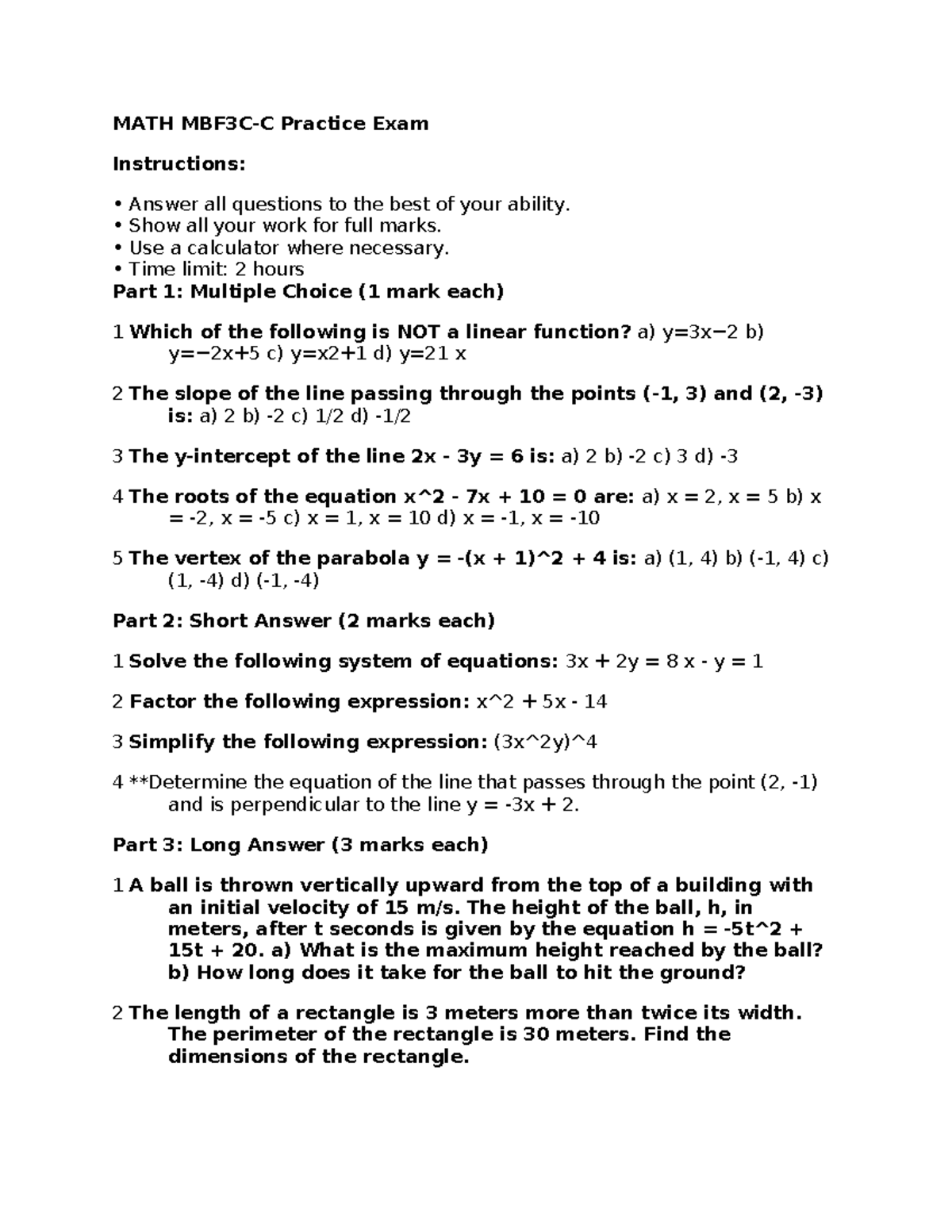 MATH MBF3C - Final Exam Practice Test Questions & Solutions - Studocu