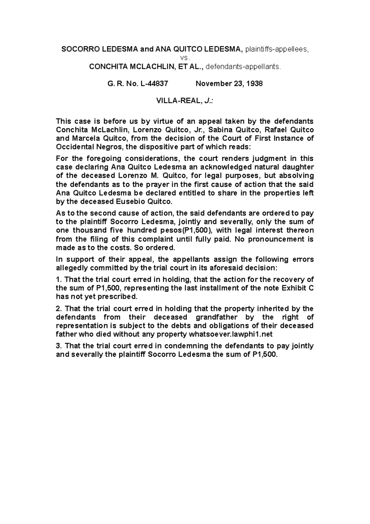 Ledesma vs. McLachlin G.R. No. 44837 Nov. 23, 1938 Case Summary - Studocu