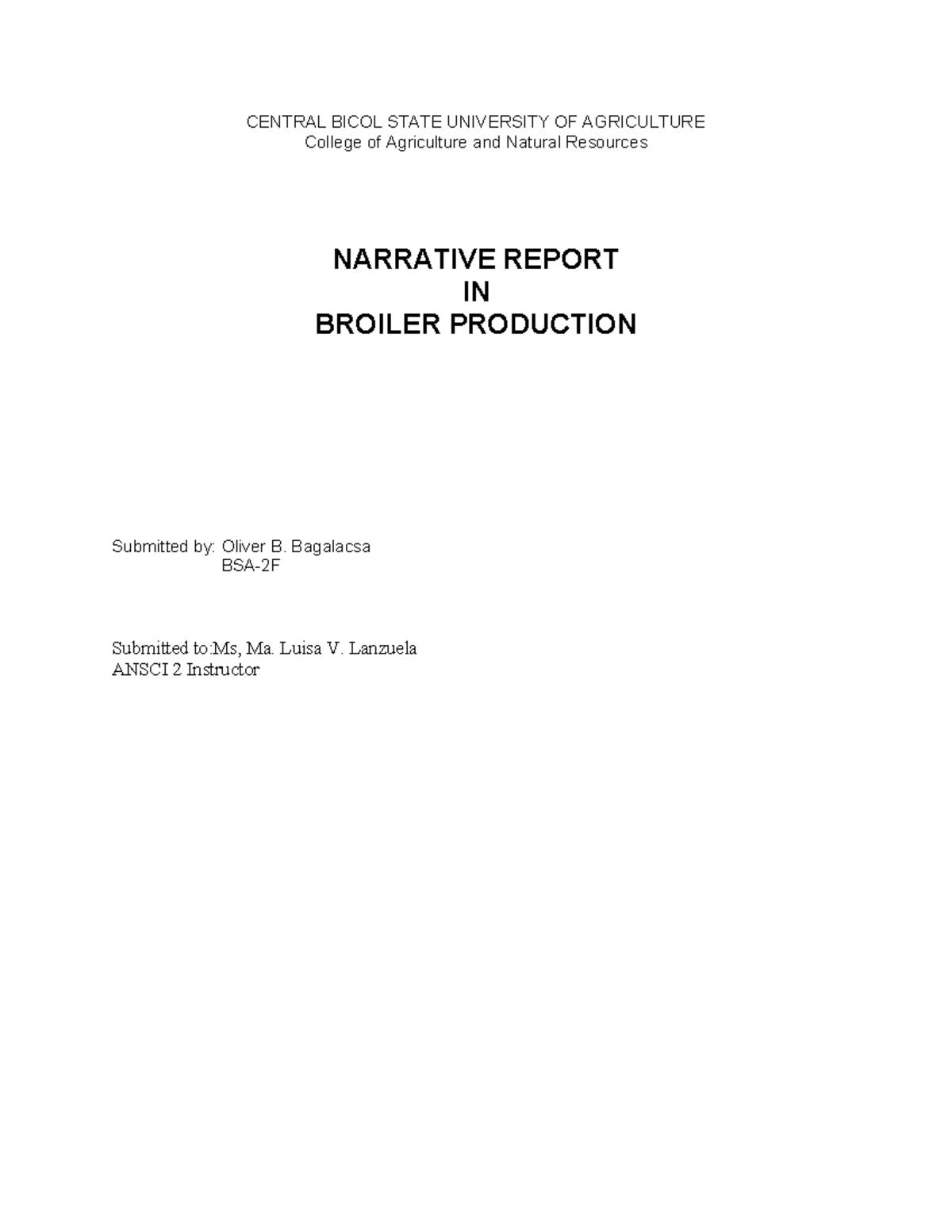 Narrative Report on Broiler Production (BSA-2F: ANSCI 2) - Studocu