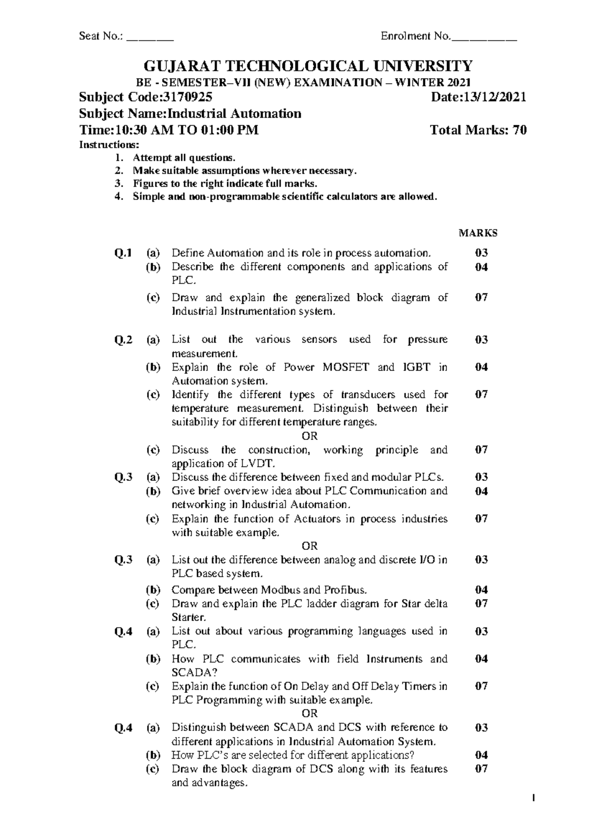 3170925 - 1 Seat No.: ________ Enrolment No.___________ GUJARAT ...