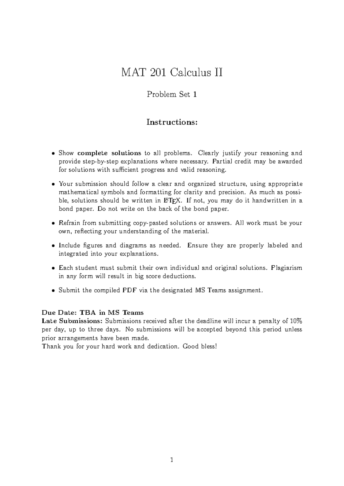 MAT 201 Calculus II Problem Set 1: Submission Guidelines and Tips - Studocu
