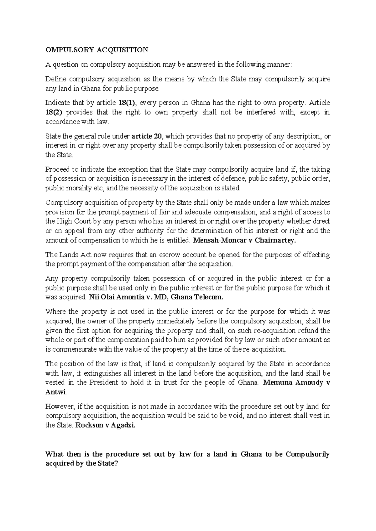 Compulsory Acquisition of Land Under Law of Immovable Property 1 - Studocu