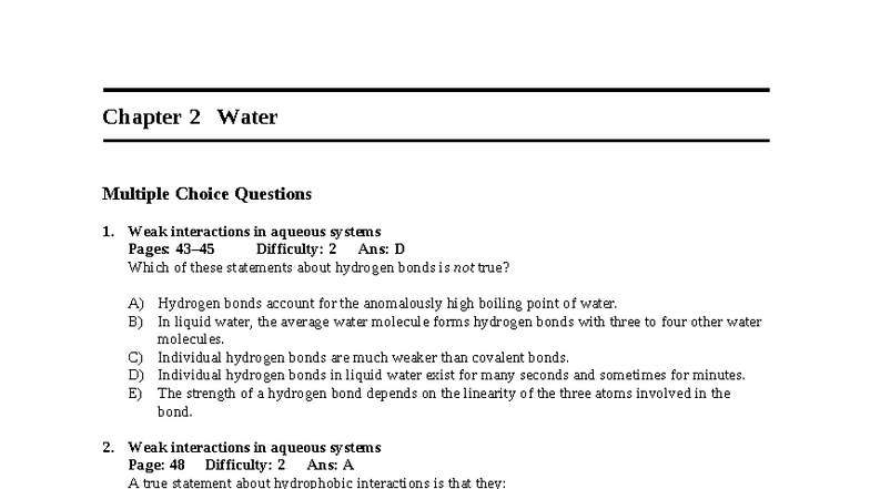 Chapter 2 Biochemistry: Water and Weak Interactions MCQs - Studocu