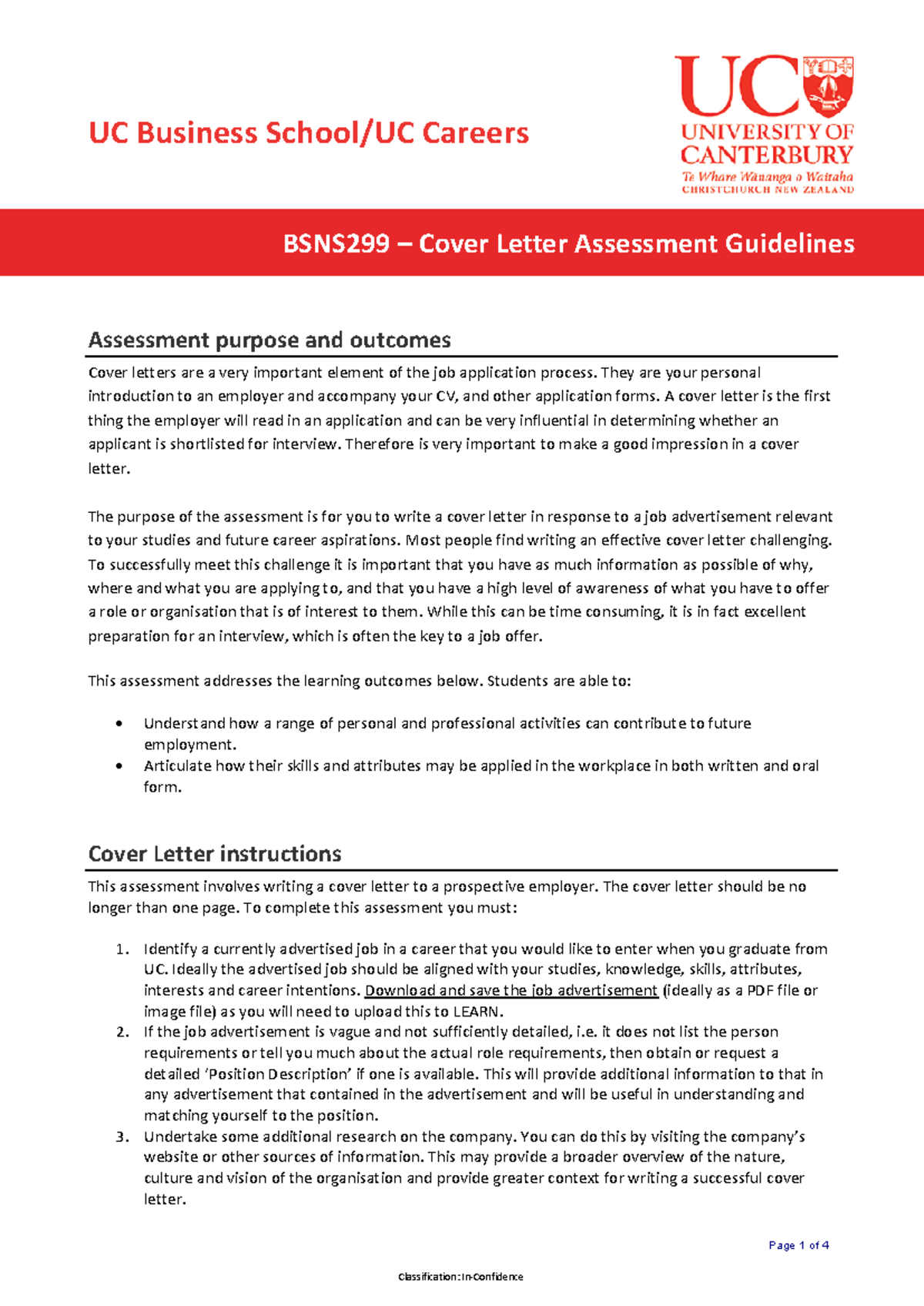 BSNS299 Cover Letter Assessment Guidelines for Job Applications - Studocu