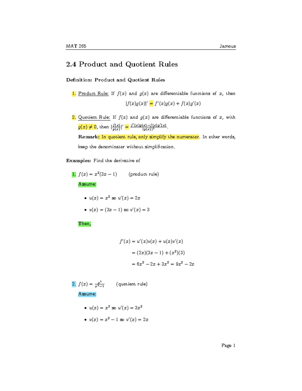 MAT 265 Final Exam Review: Understanding Product & Quotient Rules - Studocu