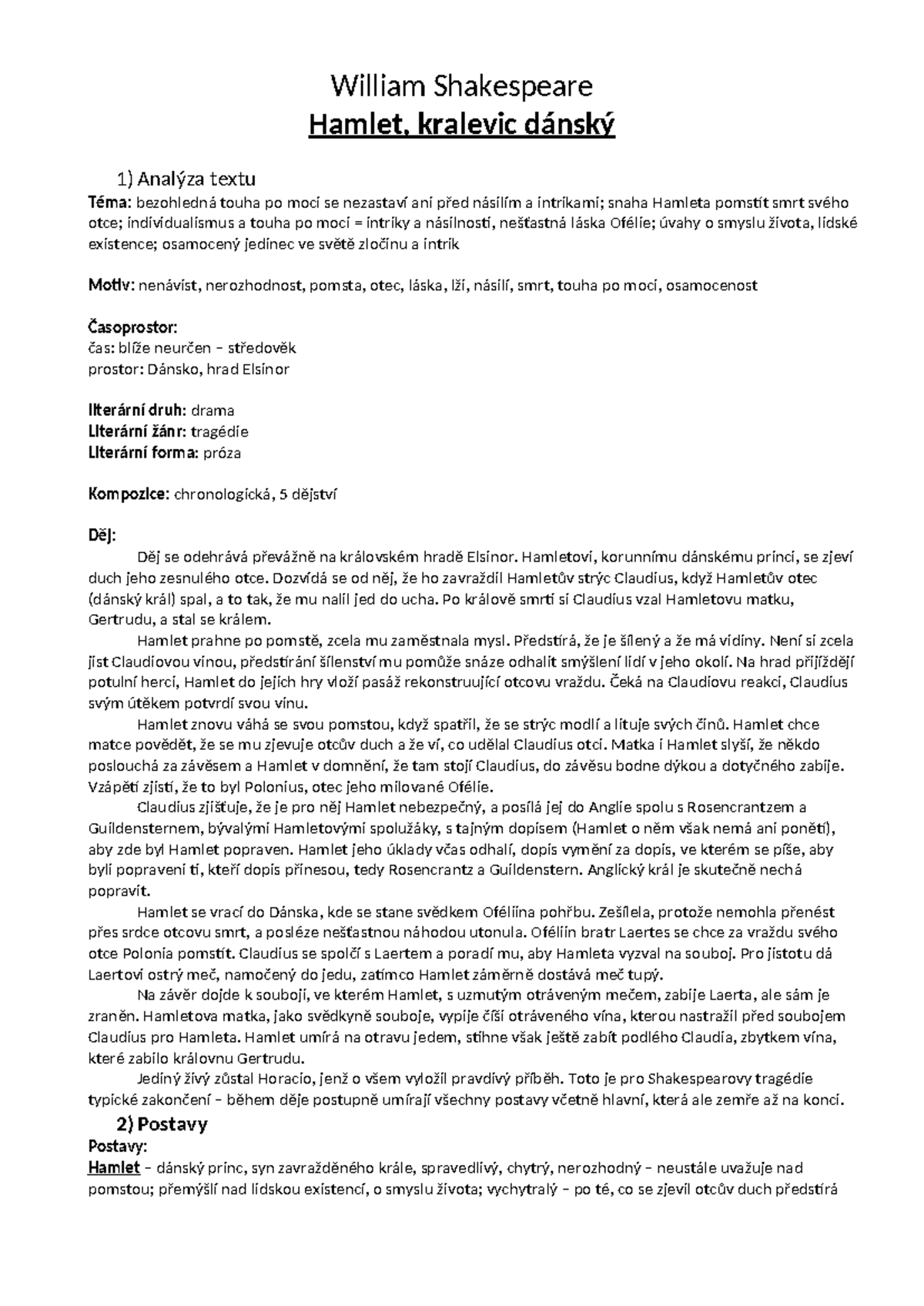 Shakespeare - Hamlet: Analýza tragédie a postav v Dánsku - Studocu