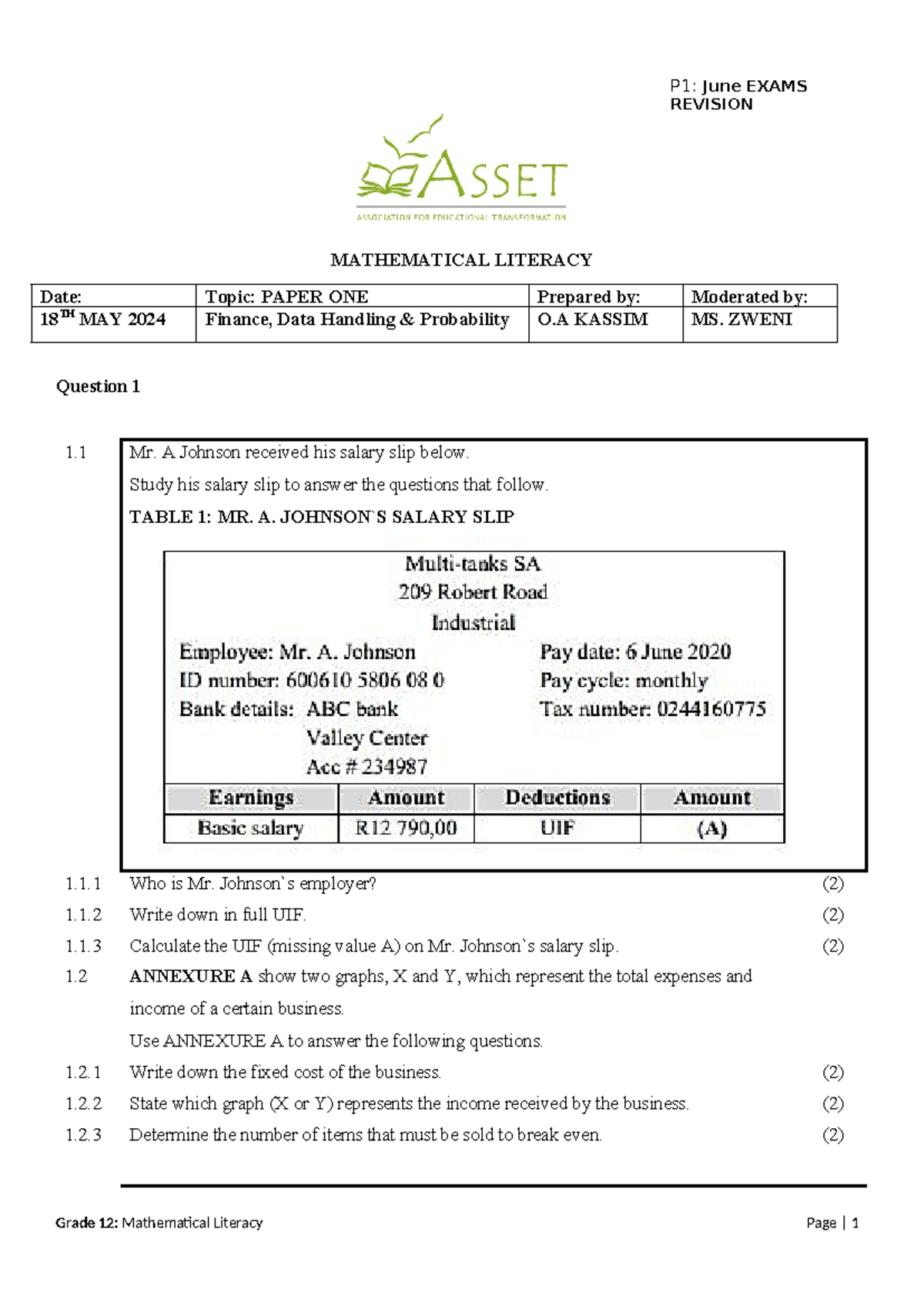 Grade 12 MATHEMATICAL LITERACY JUNE Exams Revision Paper 1 - Studocu
