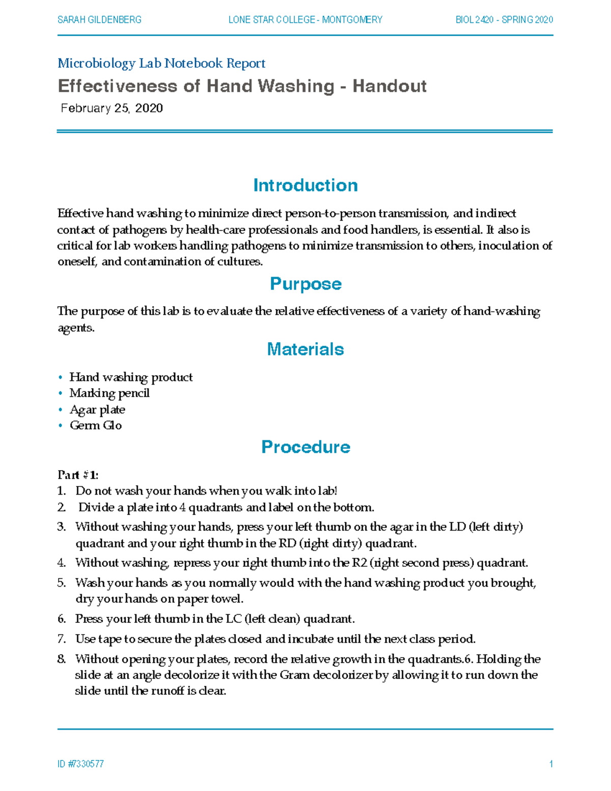 BIOL 2420 Handwashing Effectiveness Lab Report - Spring 2020 - Studocu