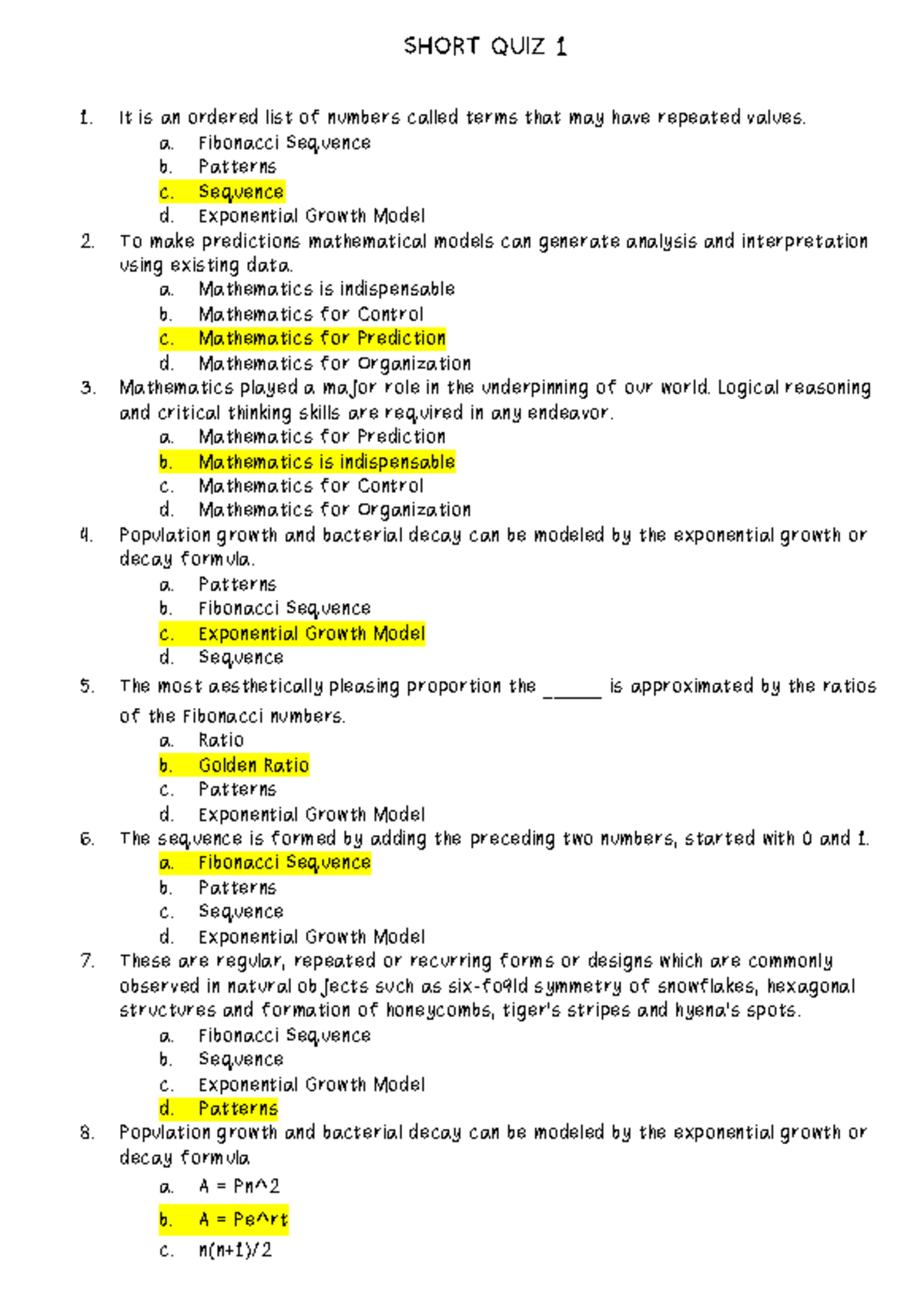 QUIZ 001: Key Concepts in Mathematics for the Modern World - Studocu