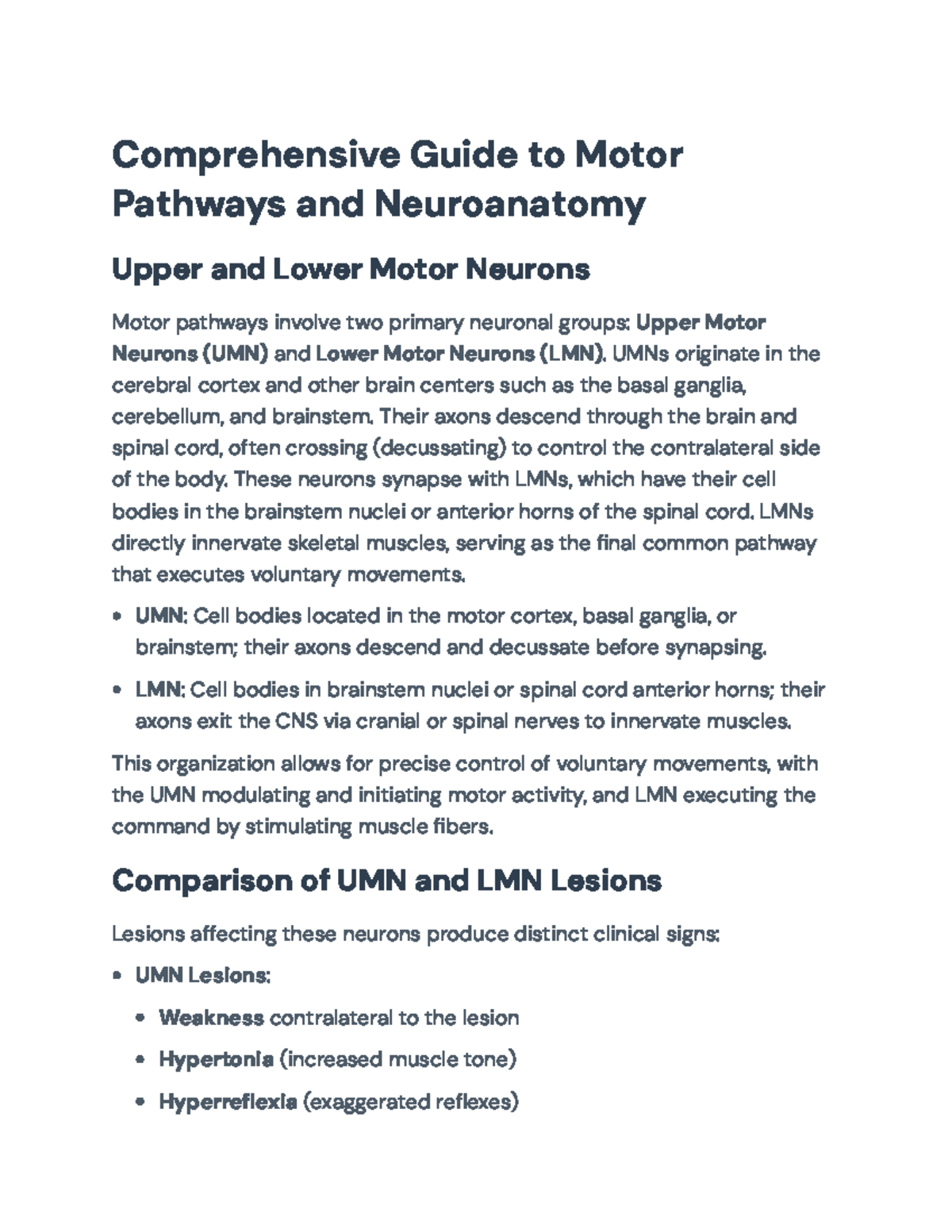 Comprehensive Guide to Motor Pathways & Neuroanatomy (UMN & LMN) - Studocu