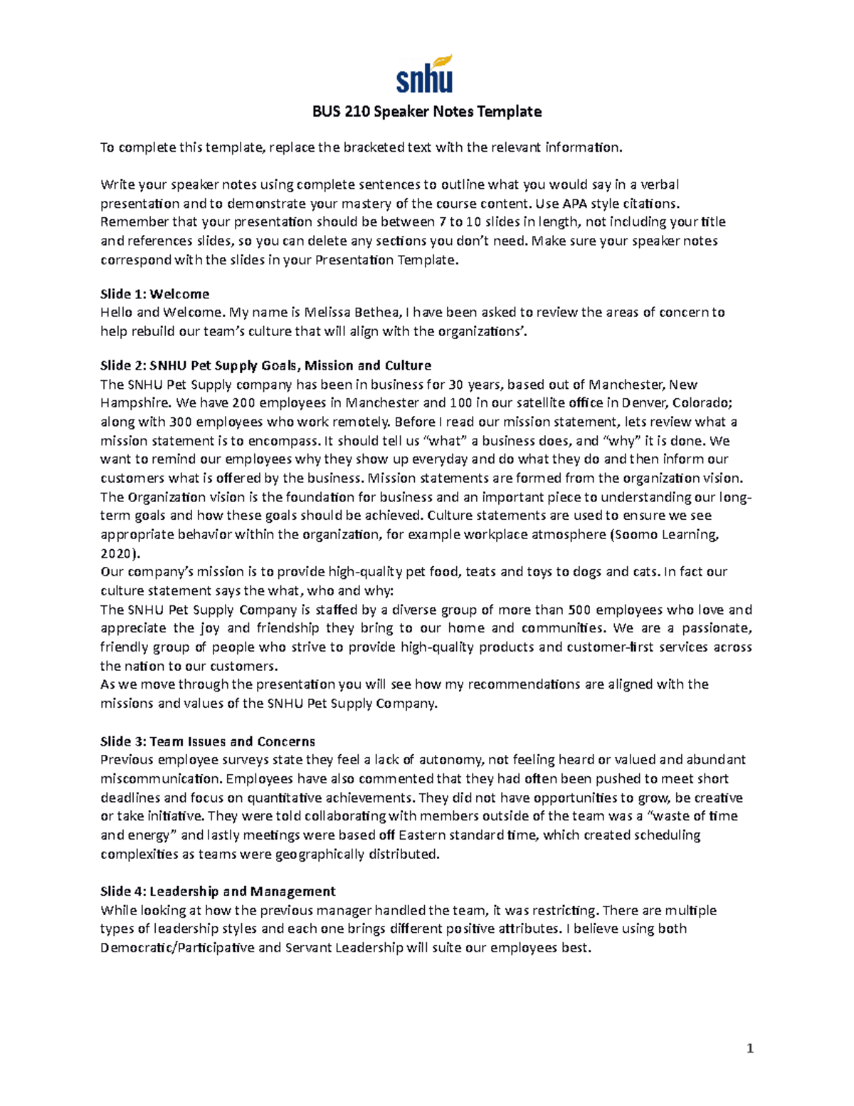 BUS 210 Project One: Final Speaker Notes Template and Guidelines - Studocu