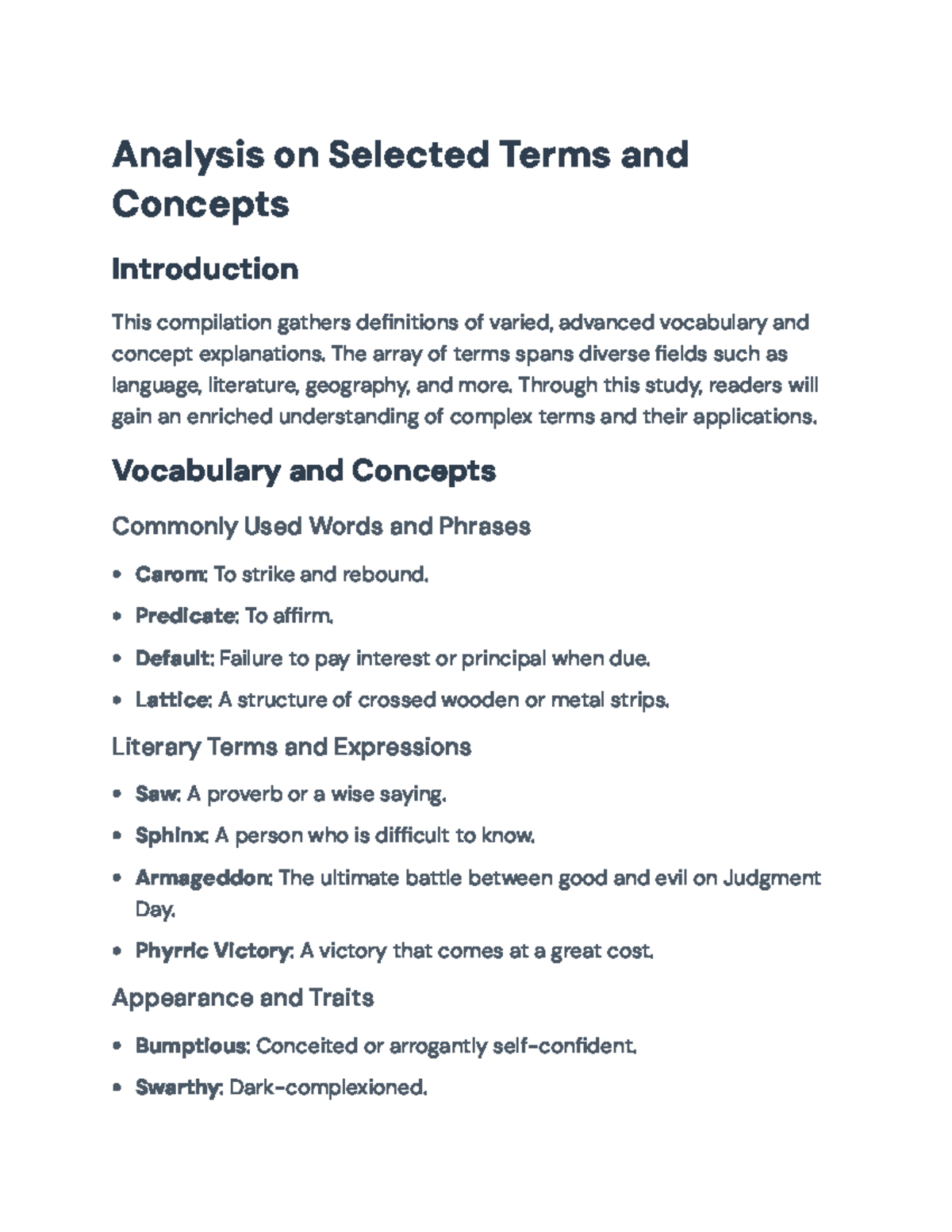 Advanced Vocabulary and Concepts Analysis: Definitions and Applications ...