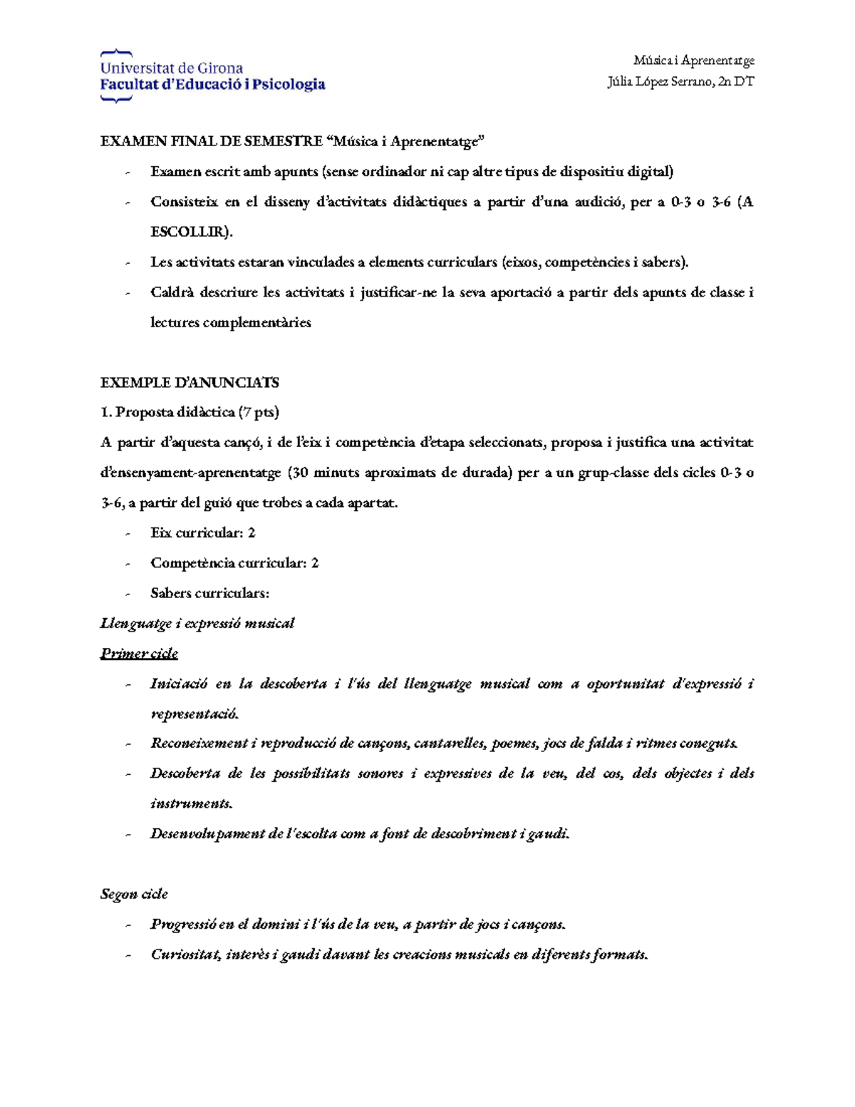 Música i Aprenentatge: Examen Final de Semestre 2n DT - Studocu