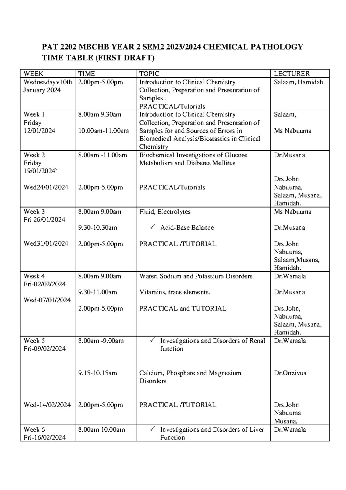 Chemical Pathology PAT 2202 MBCHB Year 2 Sem 2 Timetable 2024 - Studocu