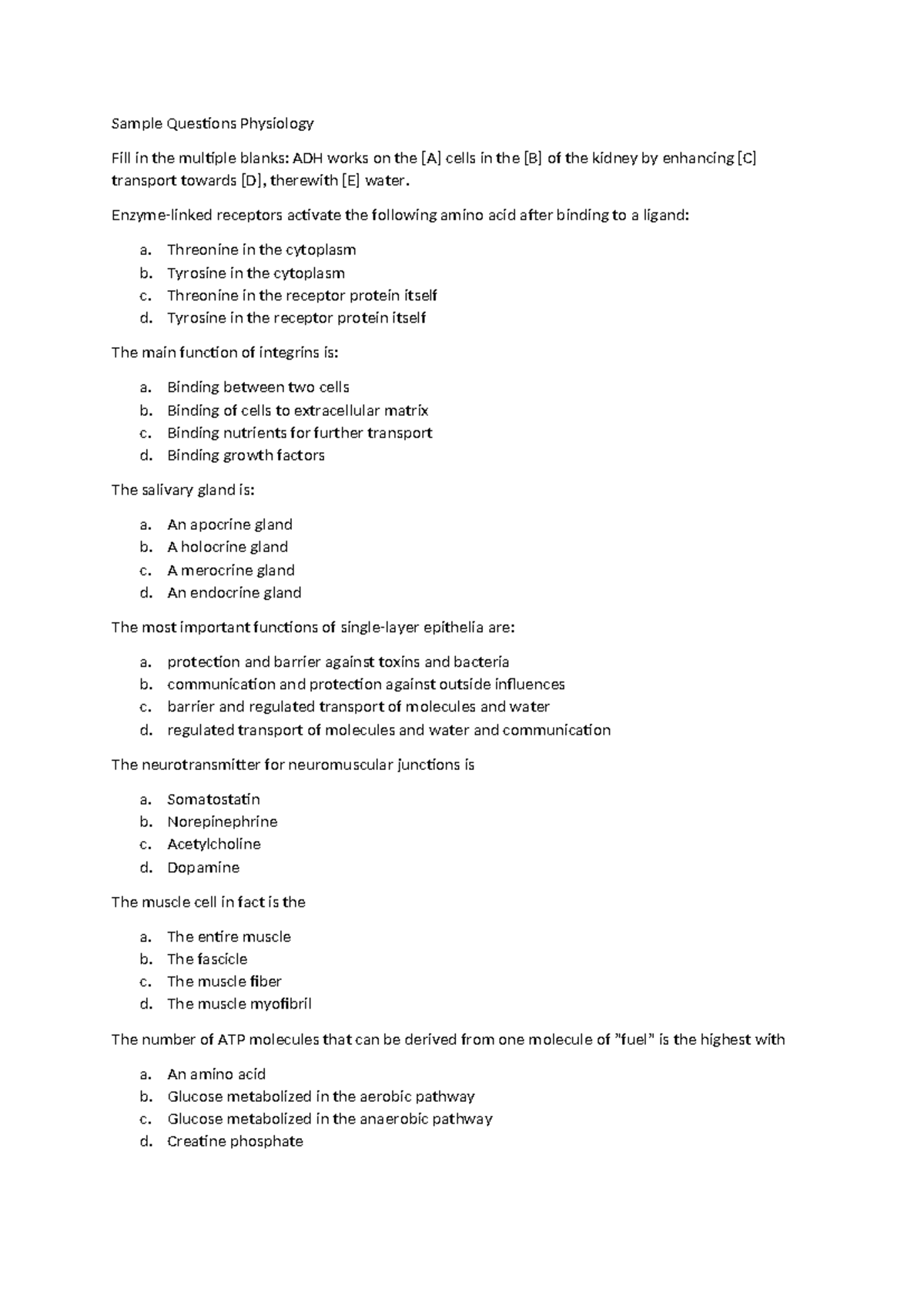 Physiology Sample Questions for Exam Preparation - Studeersnel