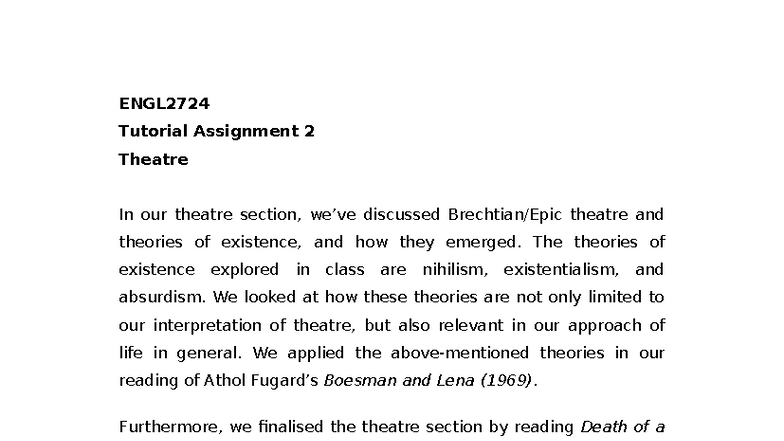 ENGL2724 Tutorial Assignment 2: Theatre and the American Dream Analysis ...