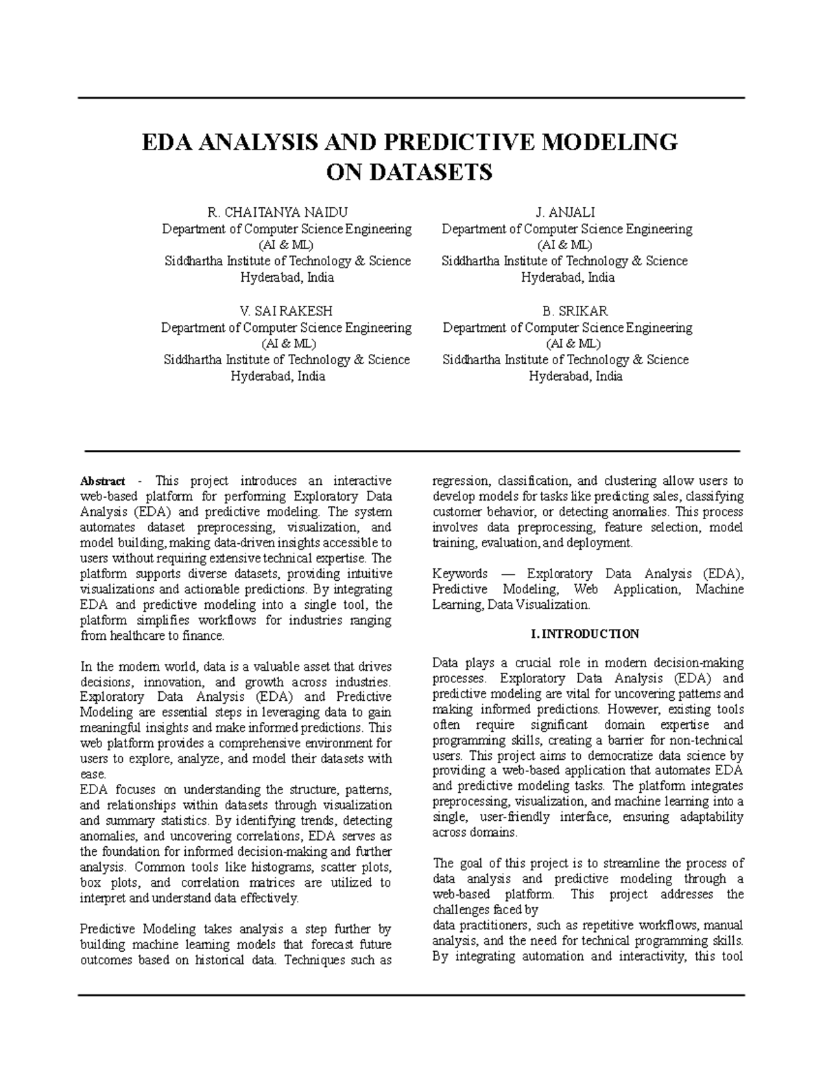 GP - 6 IEEE - IEEE paper foramt - EDA ANALYSIS AND PREDICTIVE MODELING ON DATASETS R. CHAITANYA ...