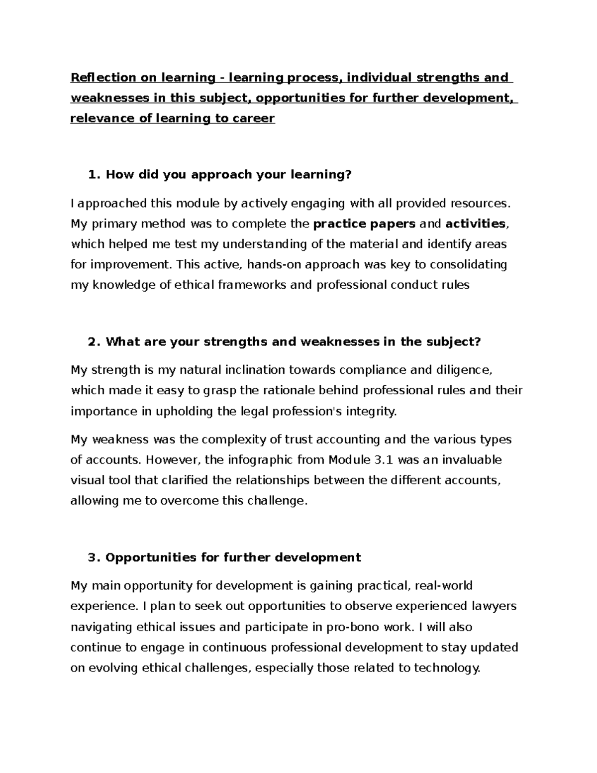 Reflection on Learning: Strengths, Weaknesses & Career Relevance - CoL ...