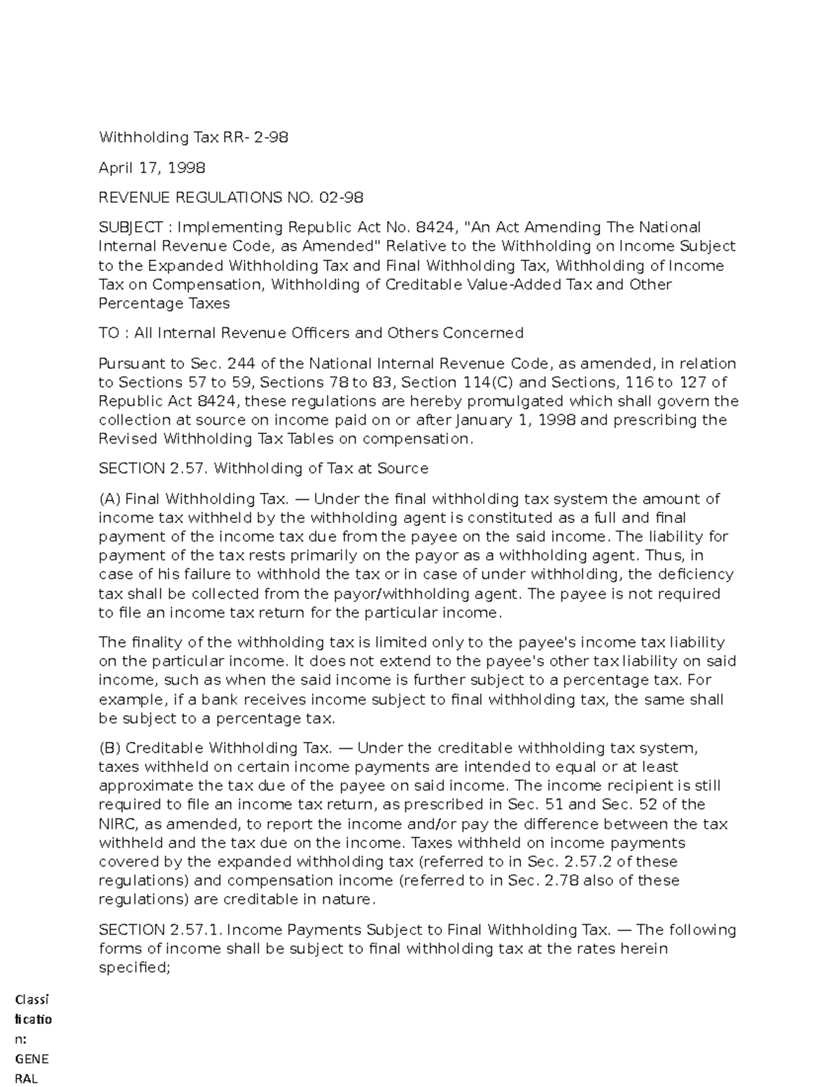 Withholding Tax Regulations (RR 2-98) Explained - Studocu