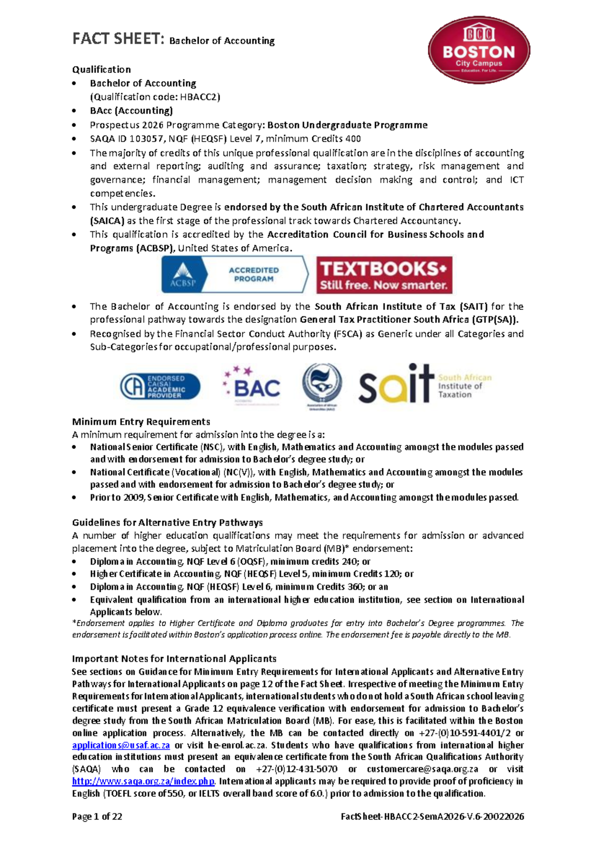 Fact Sheet: Bachelor of Accounting (HBACC2) for Semester A 2026 - Studocu