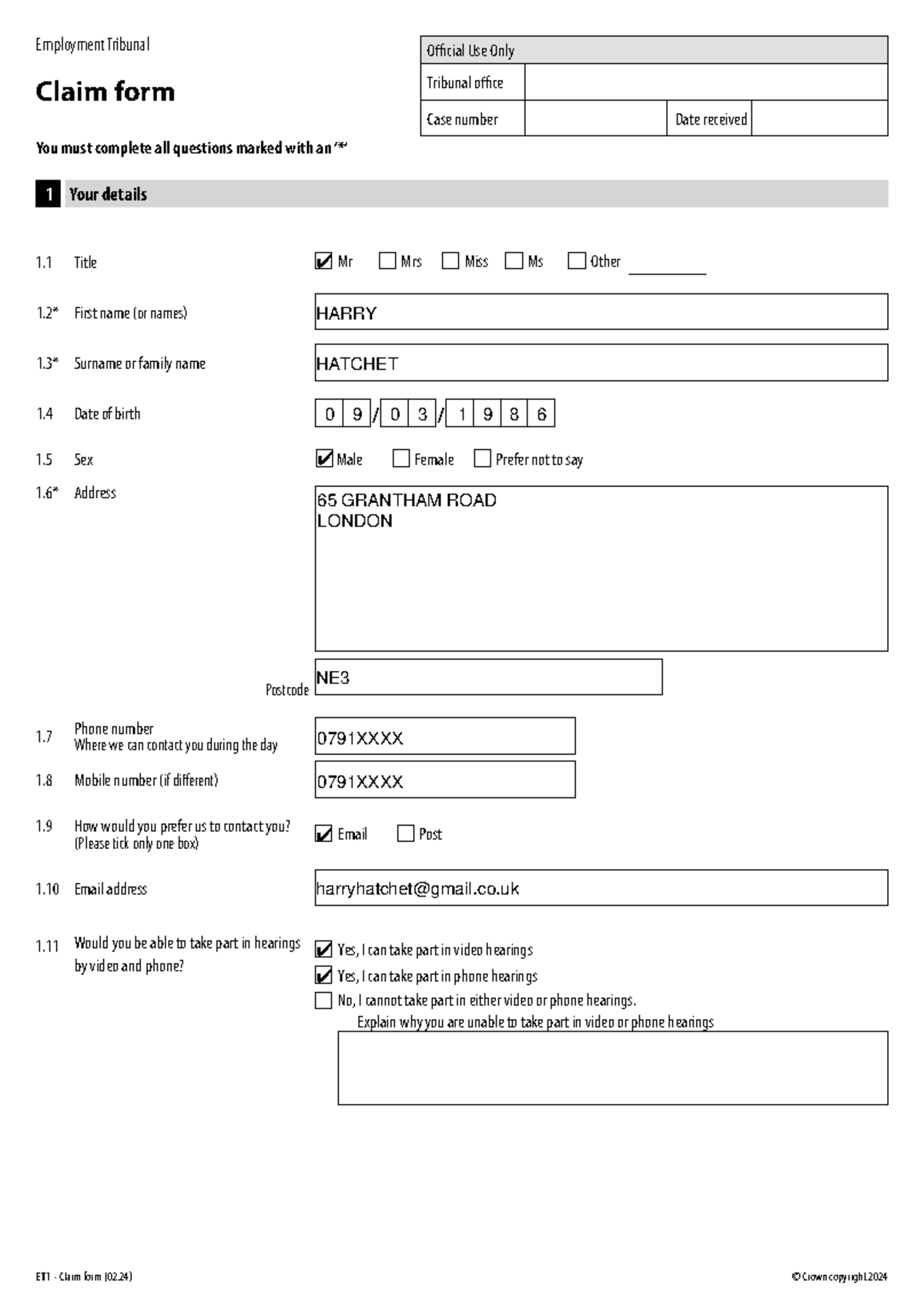 Harry Hatchett ET1 Claim Form for Unfair Dismissal 2025 - Studocu