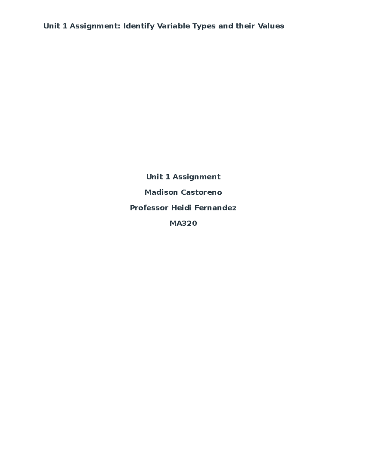 MA Unit 1 Assignment: Variable Types and Their Values Analysis - Studocu