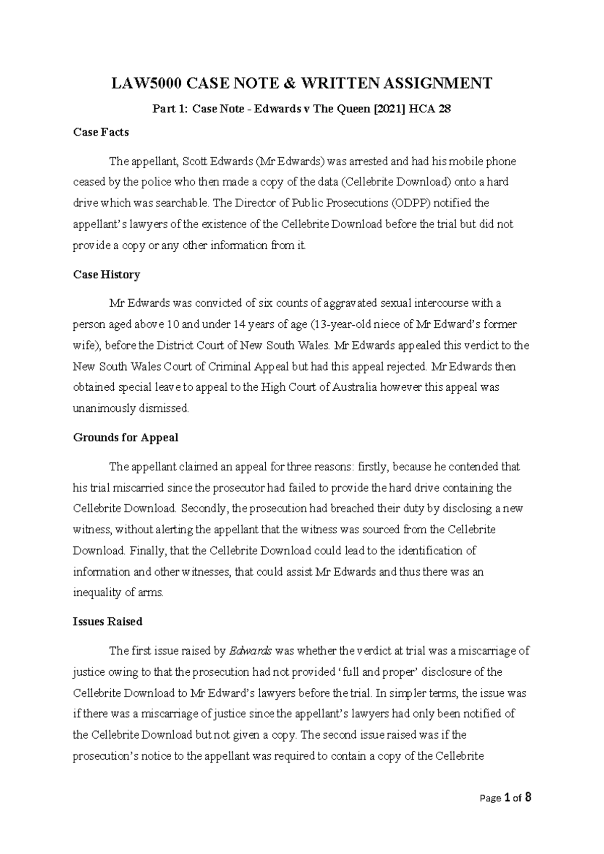 LAW5000 Case Note: Edwards v The Queen - Duty of Disclosure Analysis ...