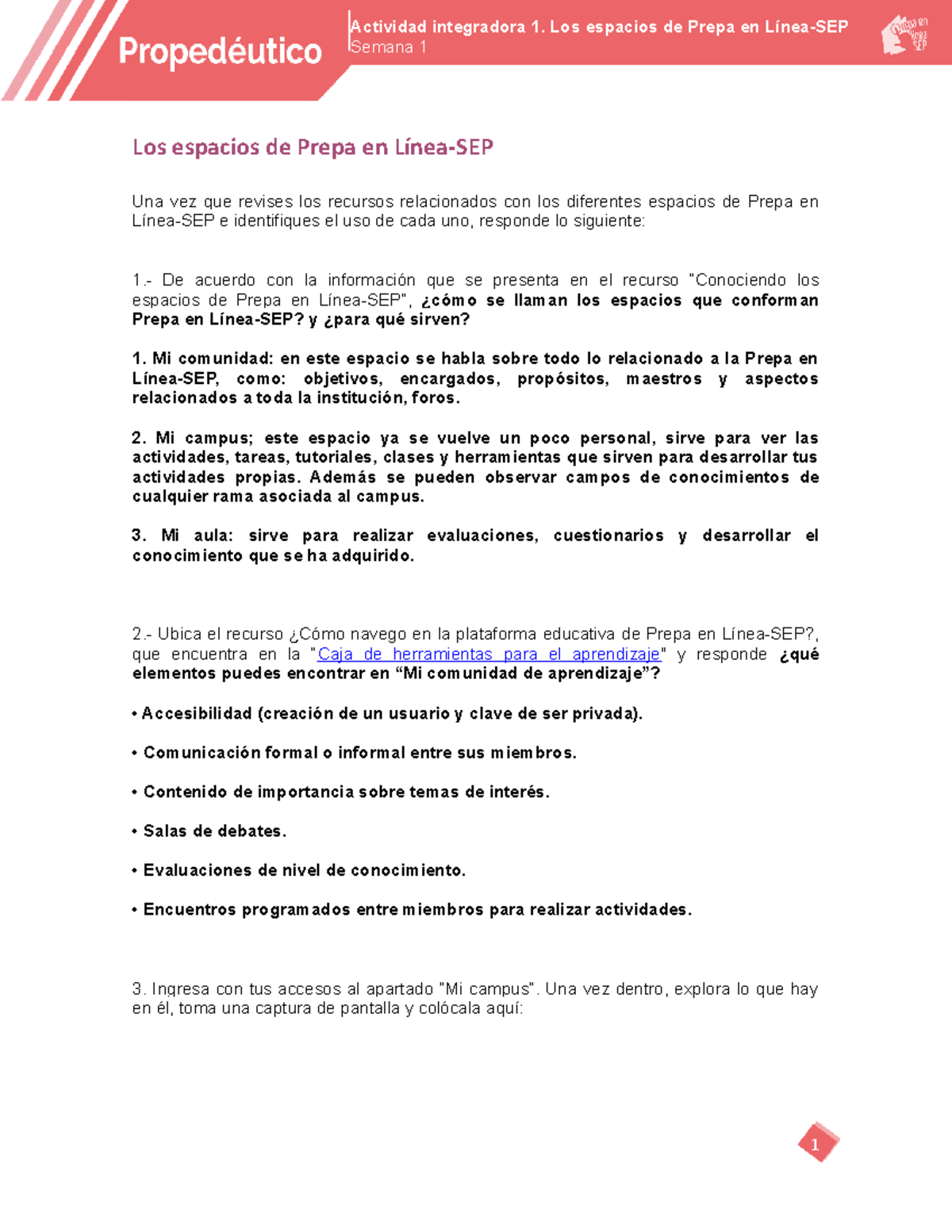 Actividad integradora - Los espacios de Prepa en Línea-SEP Una vez que revises los recursos ...