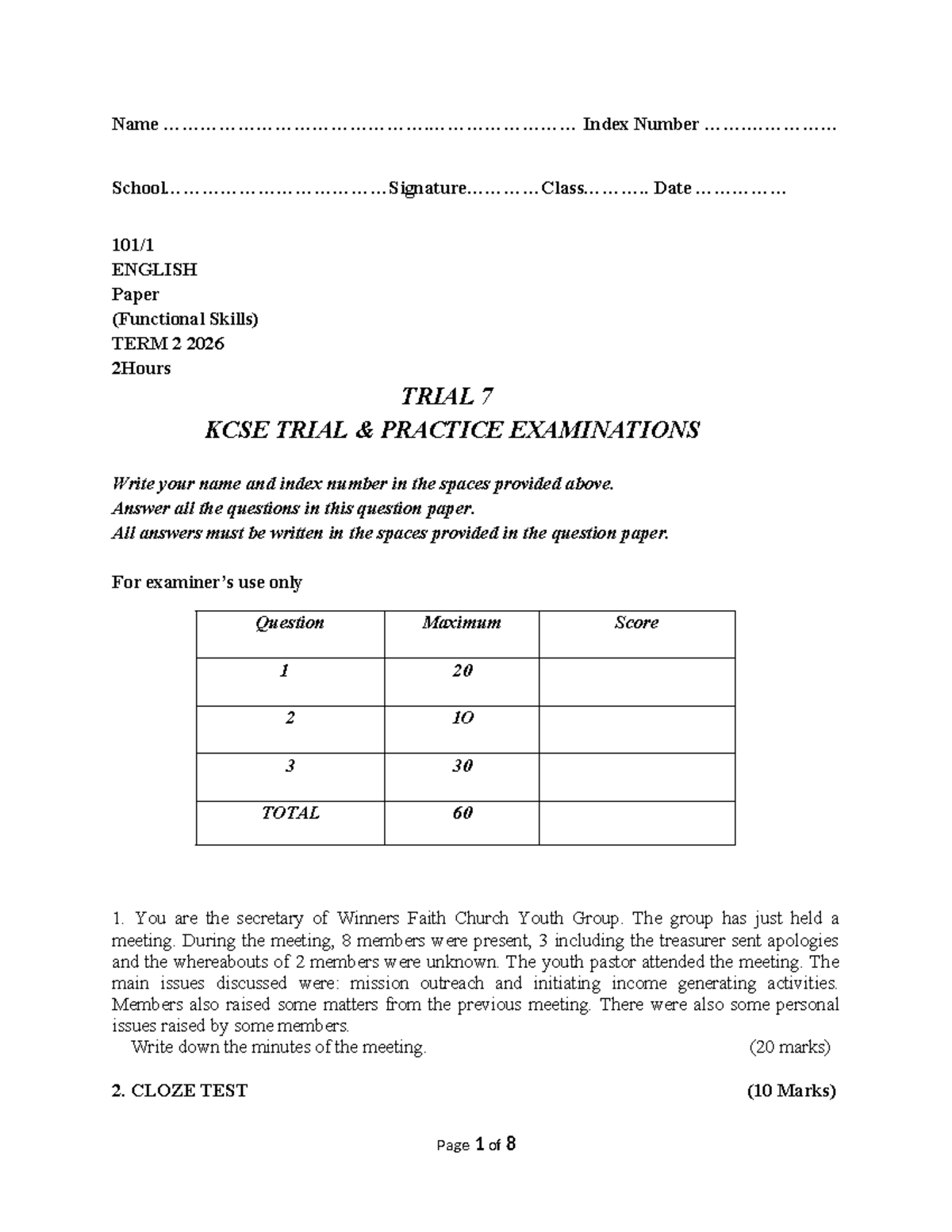 English Paper 1 Trial Exam (Functional Skills) Term 2 2026 - Studocu