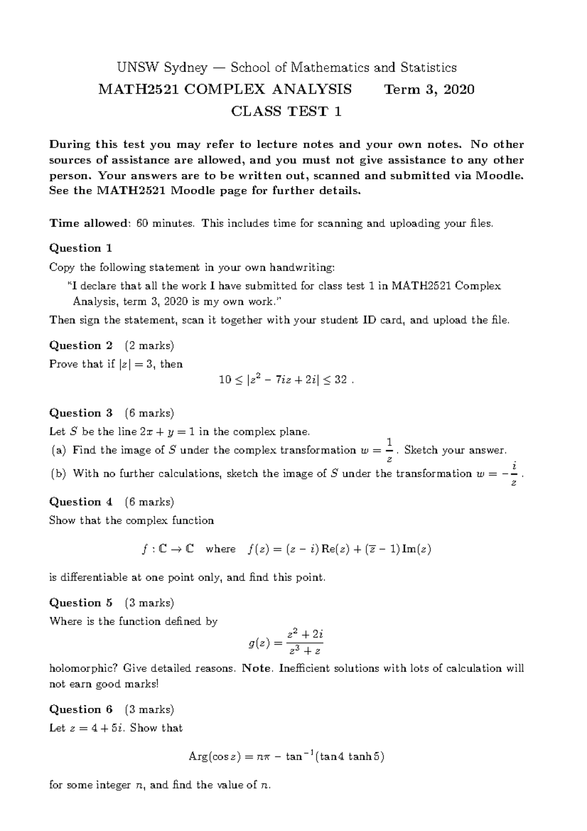 MATH2521 Class Test 1 Complex Analysis - Term 3, 2020 Details - Studocu
