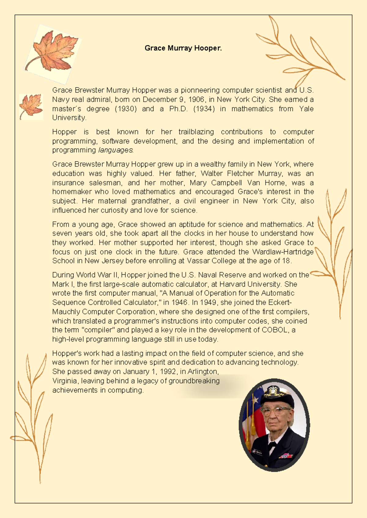 Grace Murray Hopper: A Pioneering Computer Scientist's Legacy - Studocu