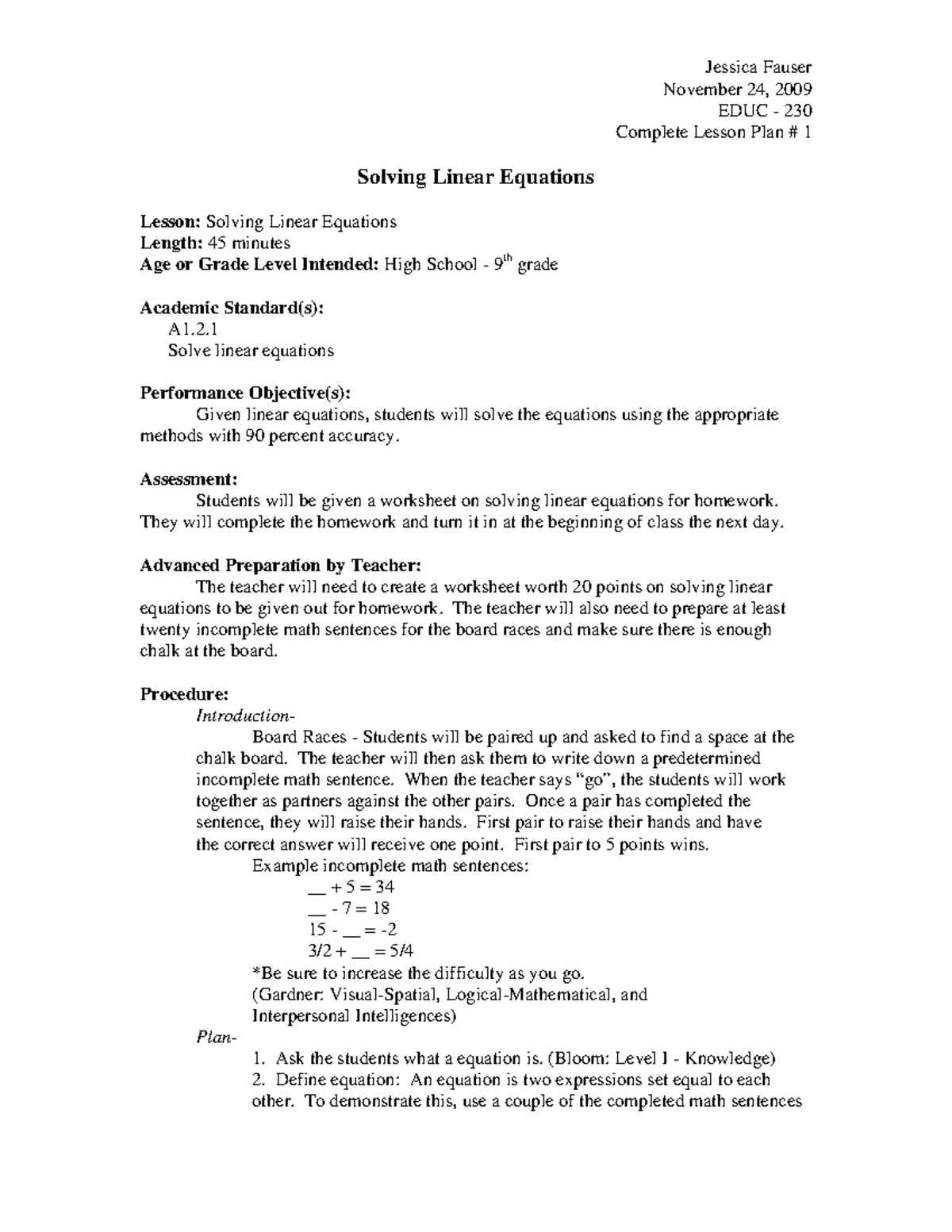 Linear Eqn Plan - November 24, 2009 EDUC - 230 Complete Lesson Plan # 1 ...