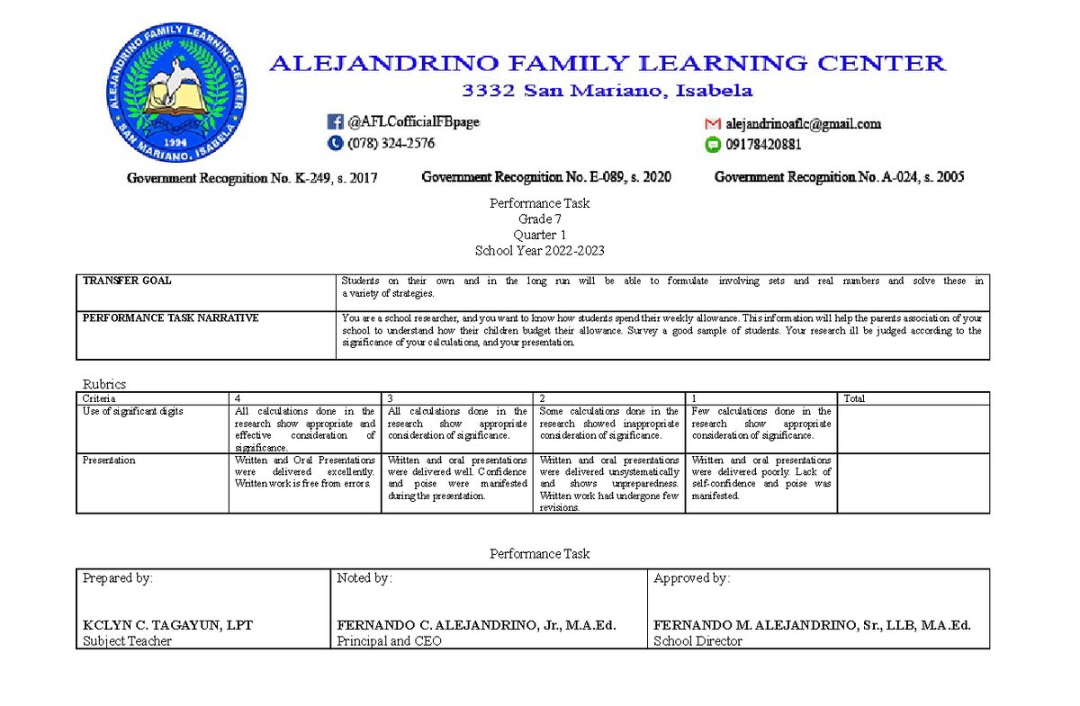 Math 7 - Performance Tasks for Grade 7: Q1 to Q3 Insights - Studocu