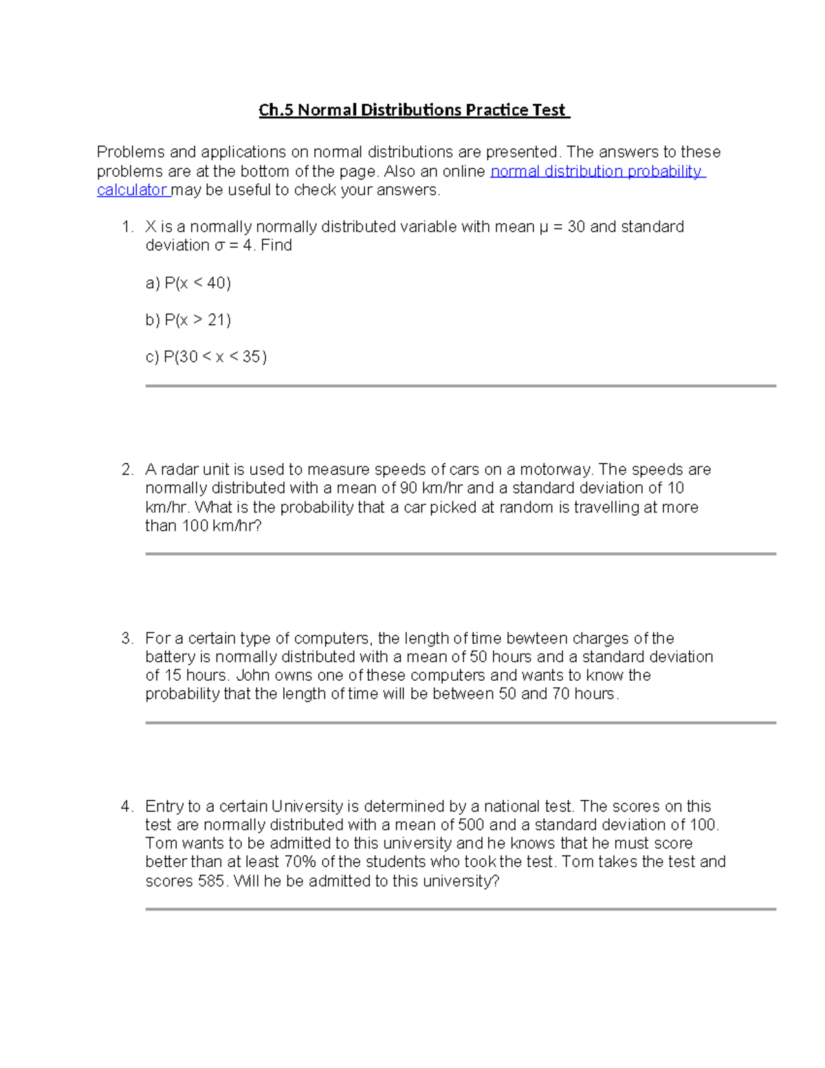Ch.5 Practice Test - Normal Distributions - Ch Normal Distributions ...