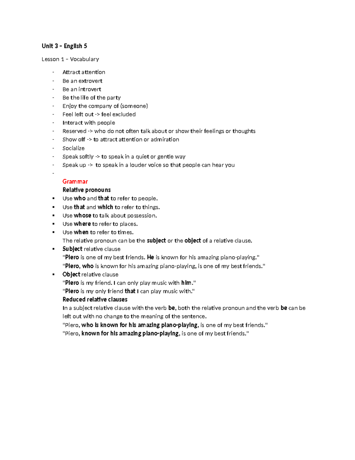Unit 3 English 5: Vocabulary & Grammar Lessons Overview - Studocu