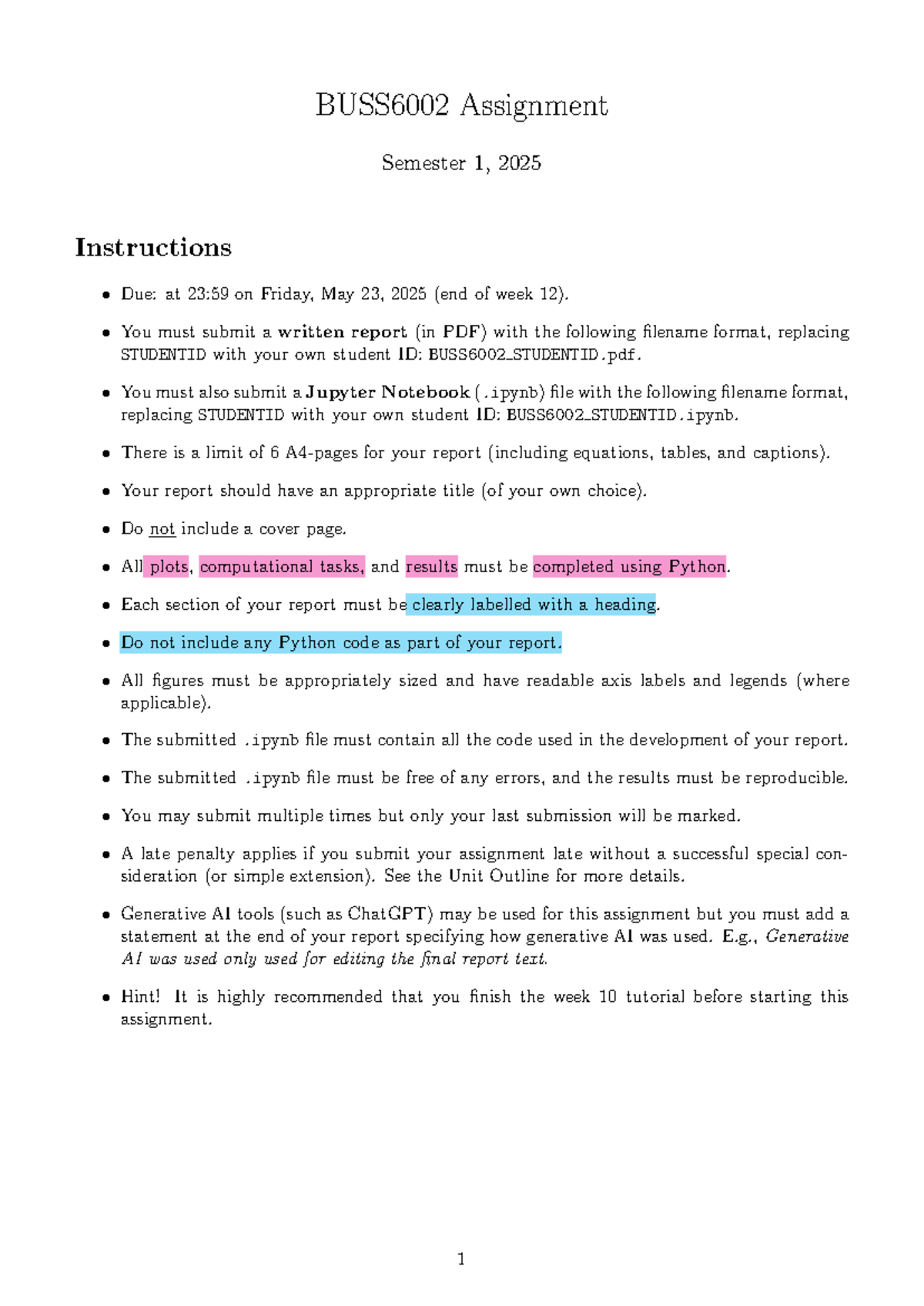 BUSS6002 Assignment S1 2025: VIX Index Prediction Report Guidelines - Studocu