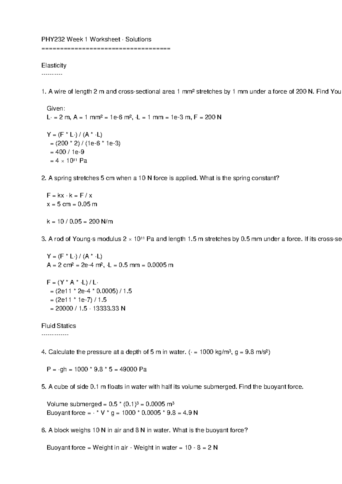 PHY232 Week 1 Worksheet Solutions on Elasticity and Fluid Statics - Studocu
