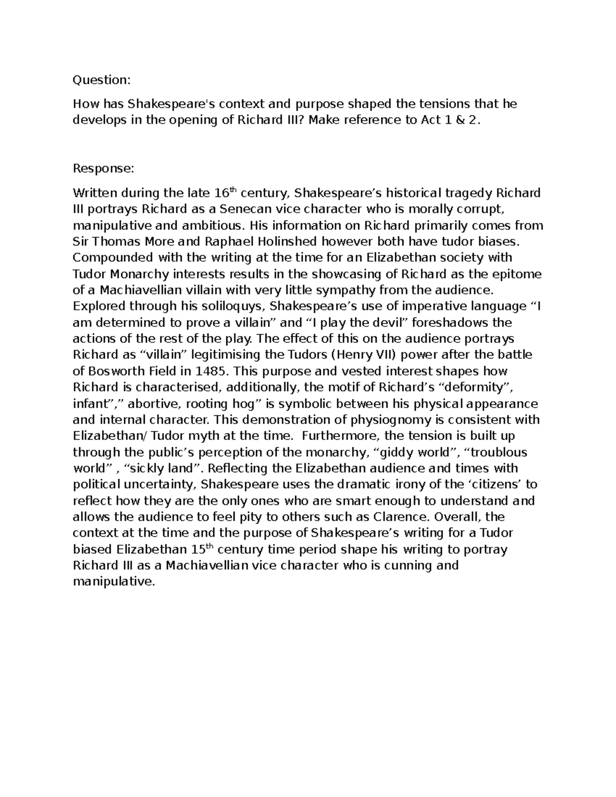 English Essay Notes: Tensions in Richard III (Acts 1 & 2) - Studocu