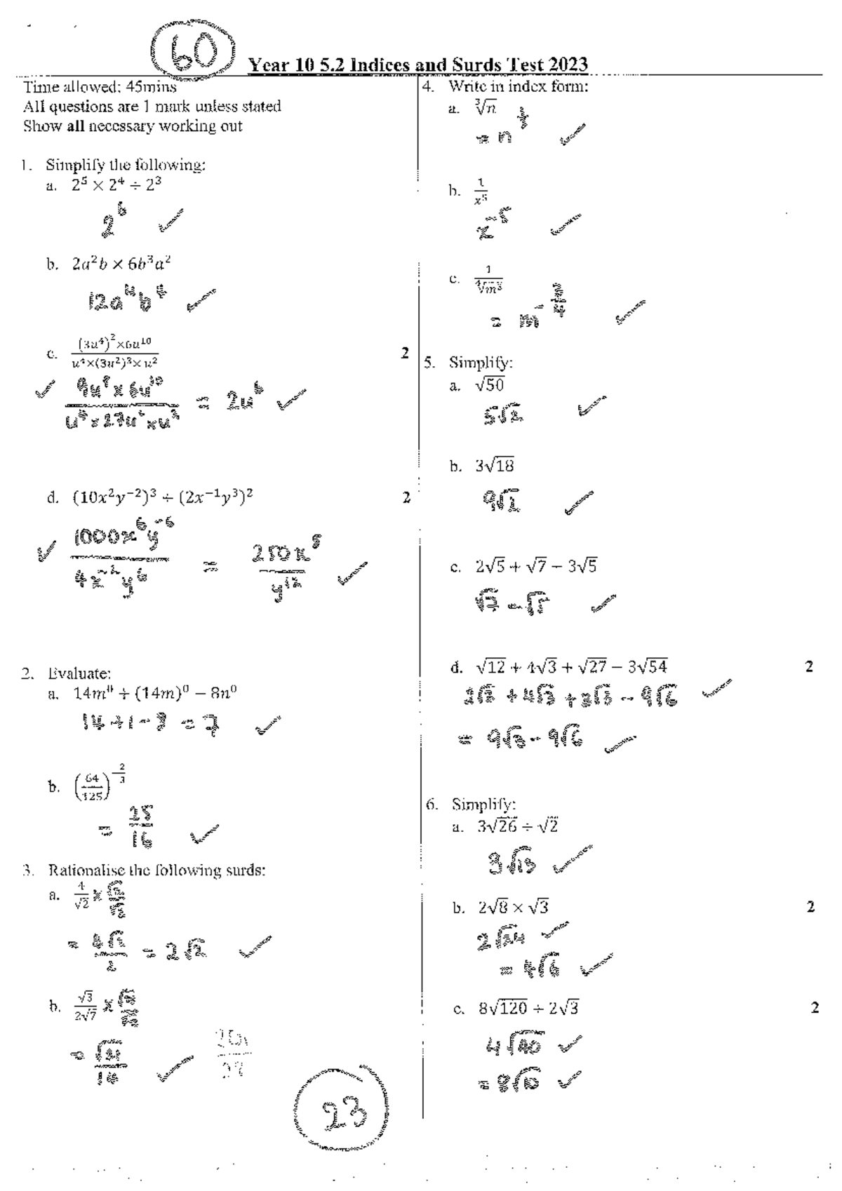 Year 10 105.2 Indices and Surds Topic Test 2023 - Studocu