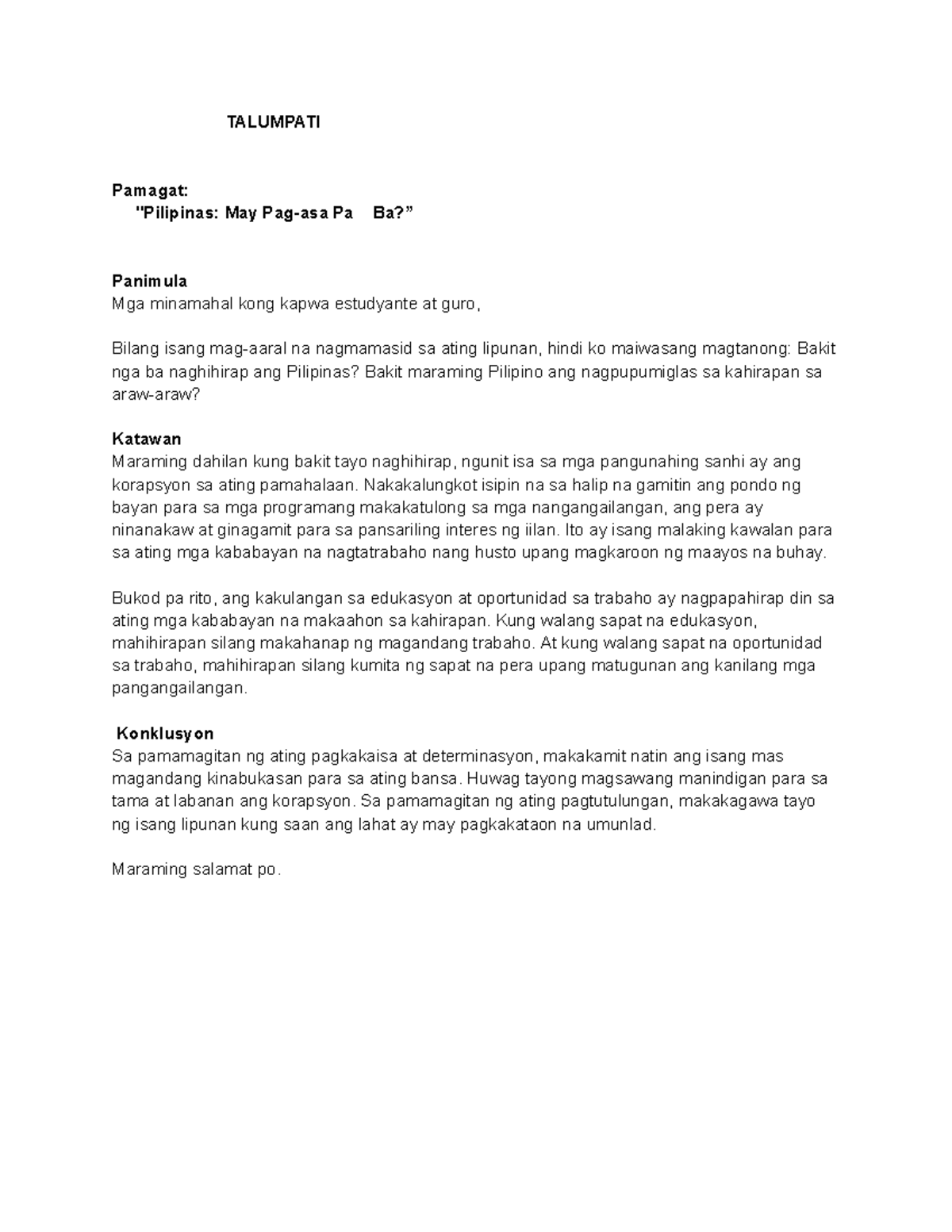 IM21 Talumpati: Pagsusuri sa Kahirapan at Korapsyon sa Pilipinas - Studocu