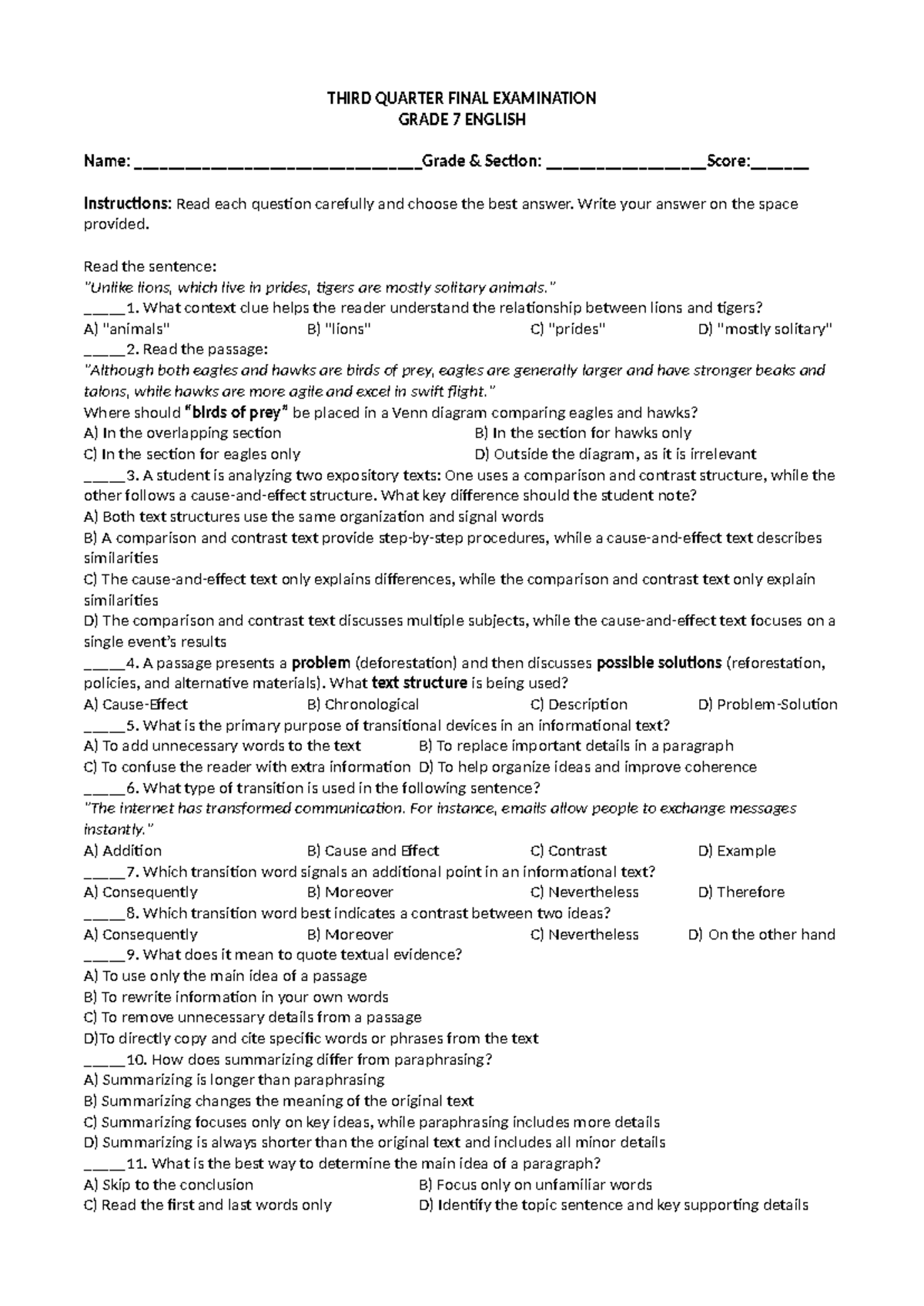 Grade 7 English - Third Quarter Final Exam Review - Studocu