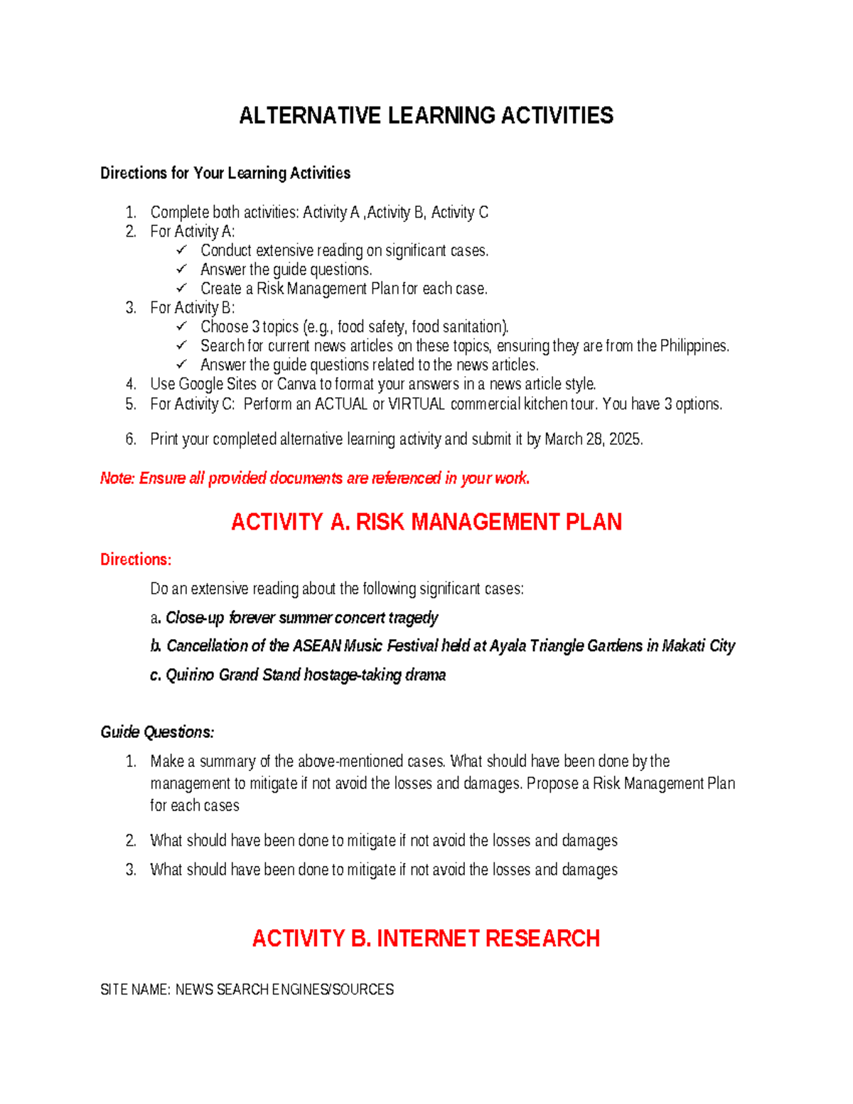ALTERNATIVE LEARNING ACTIVITIES: Risk Management & Kitchen Tour (2025 ...