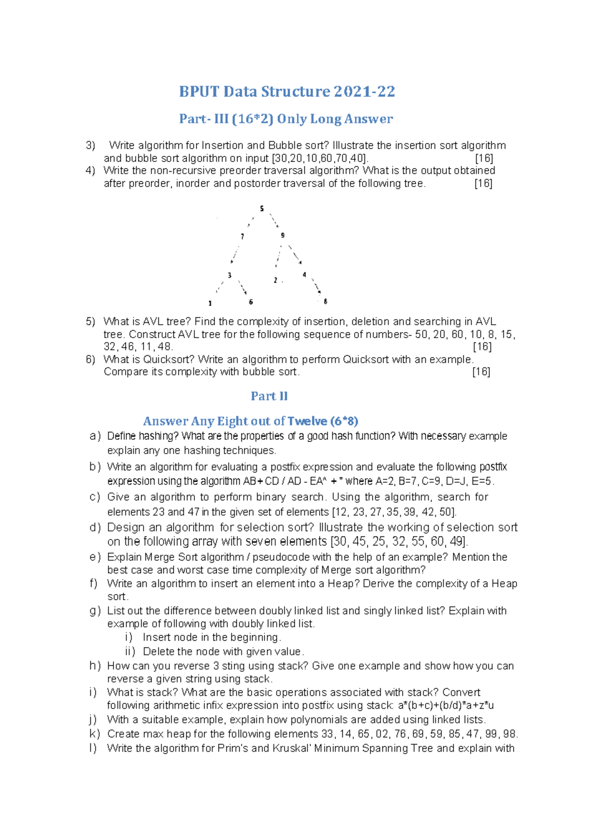 BPUT Data Structure 2021: Long Answer on Sorting Algorithms & Trees ...