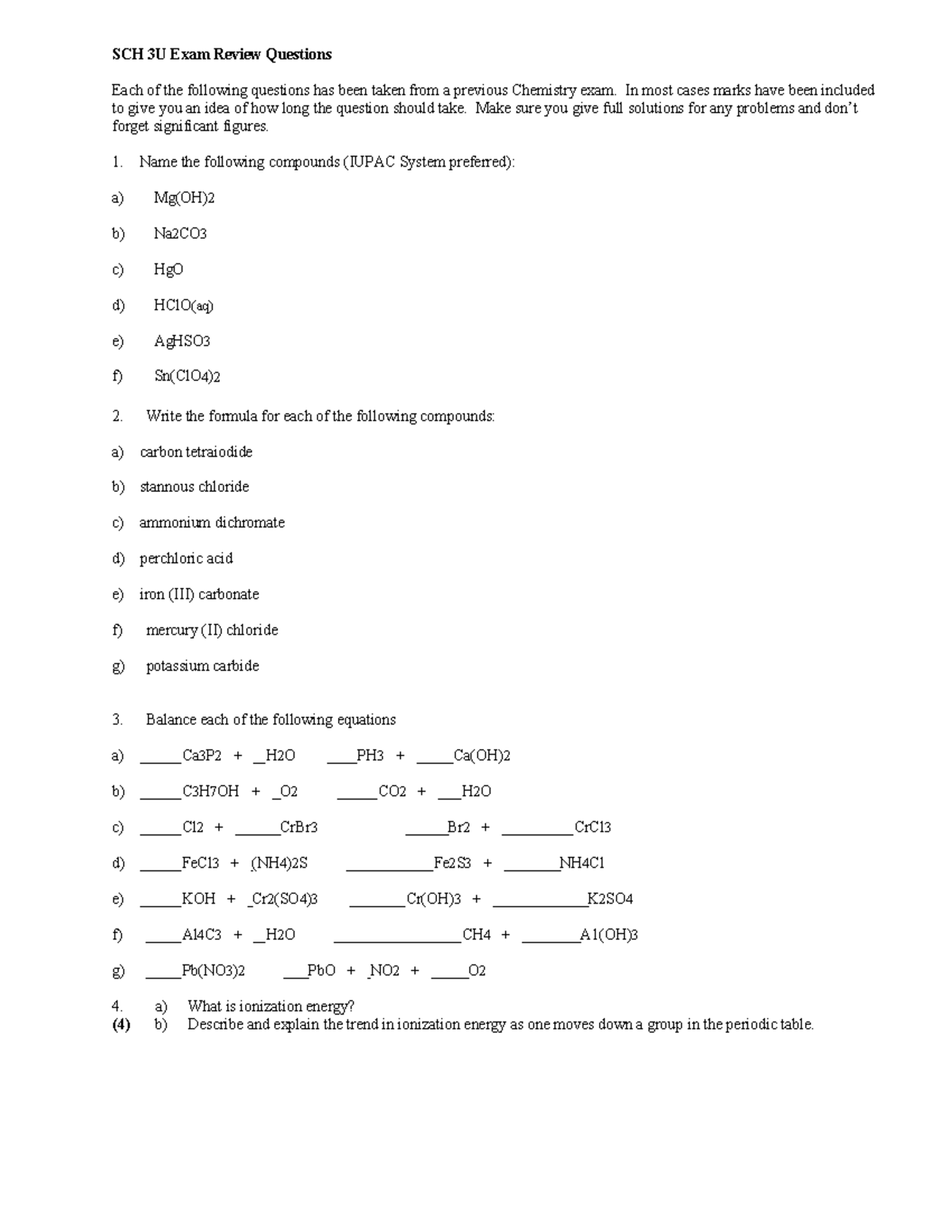 SCH 3U Final Exam Chemistry Practice Questions and Solutions - Studocu