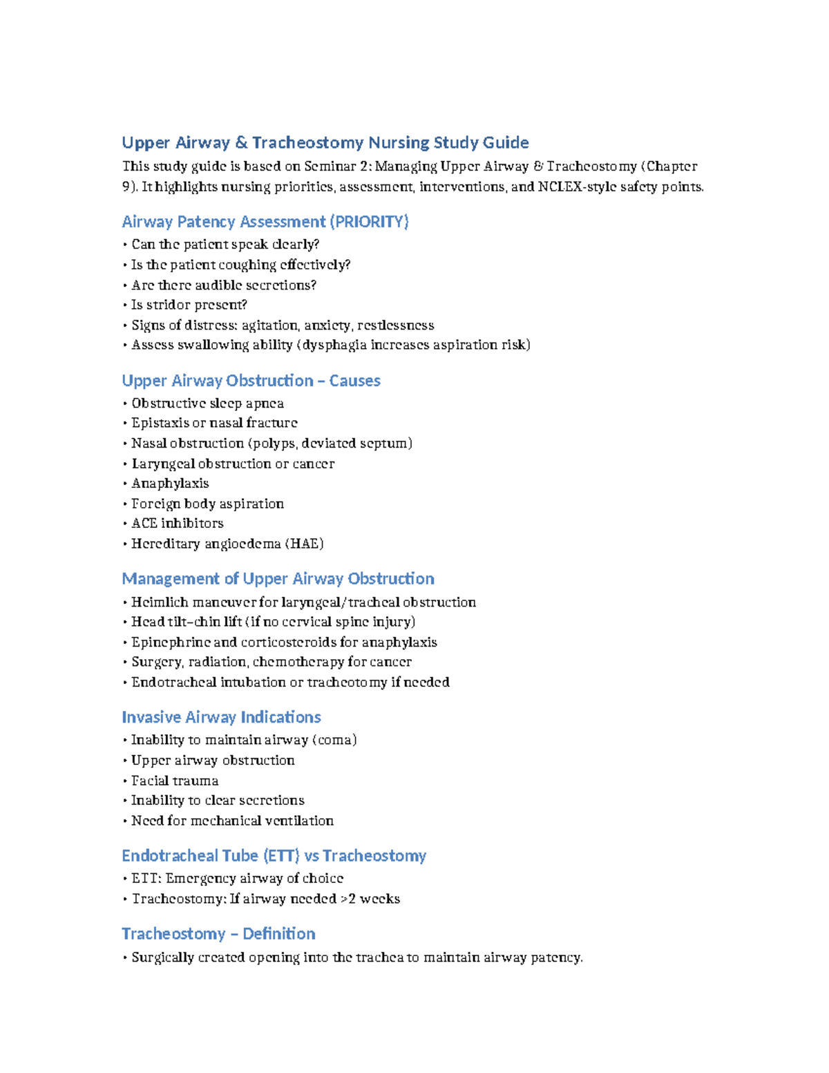 Upper Airway Tracheostomy Nursing Study Guide (Seminar 2) - Studocu