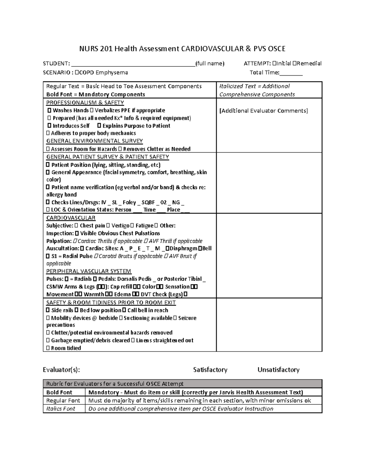 NURS 201 Cardiovascular OSCE Assessment Guide for Emphysema - Studocu